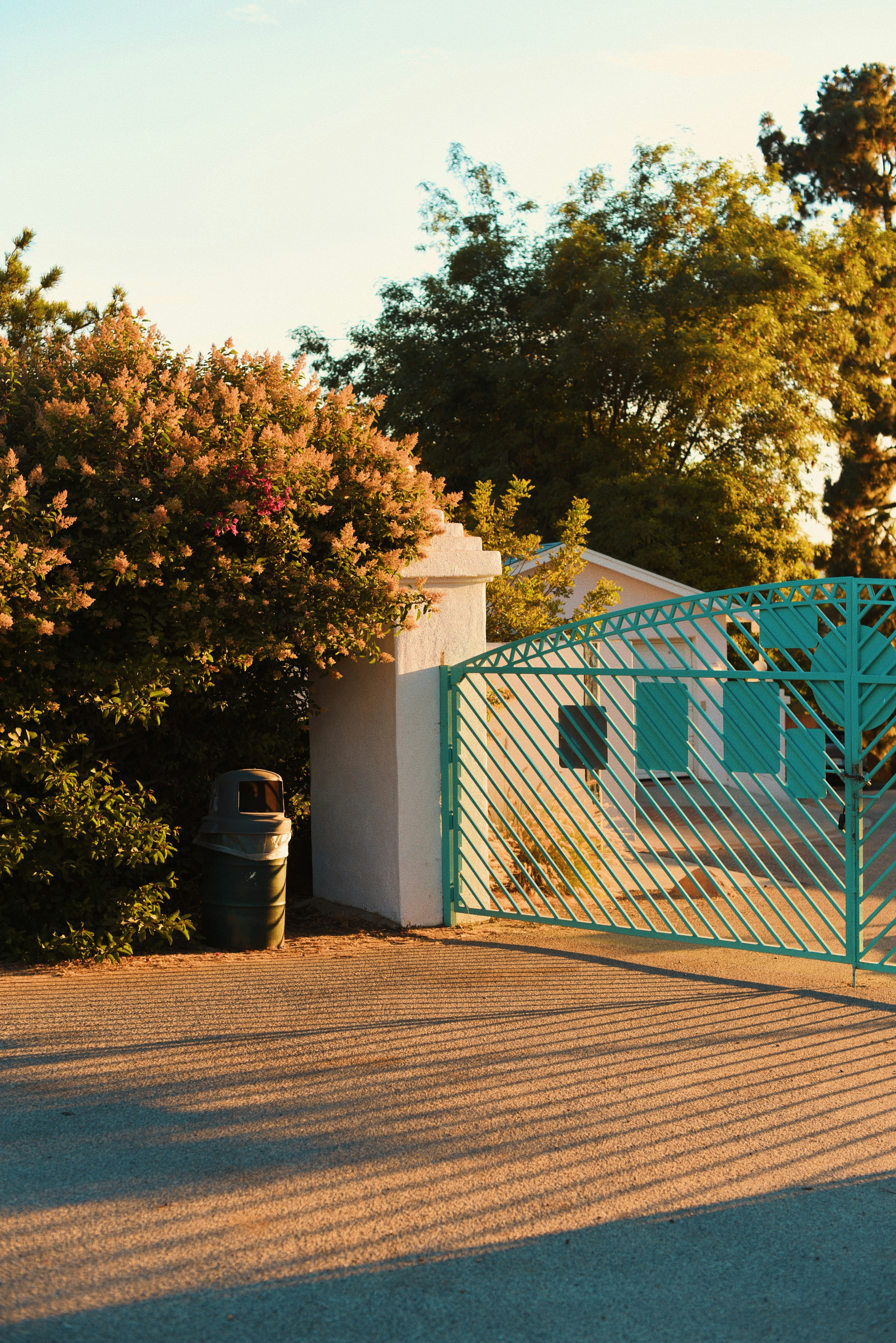 Golden Hour Gate | Open gate leads to a building with trees.