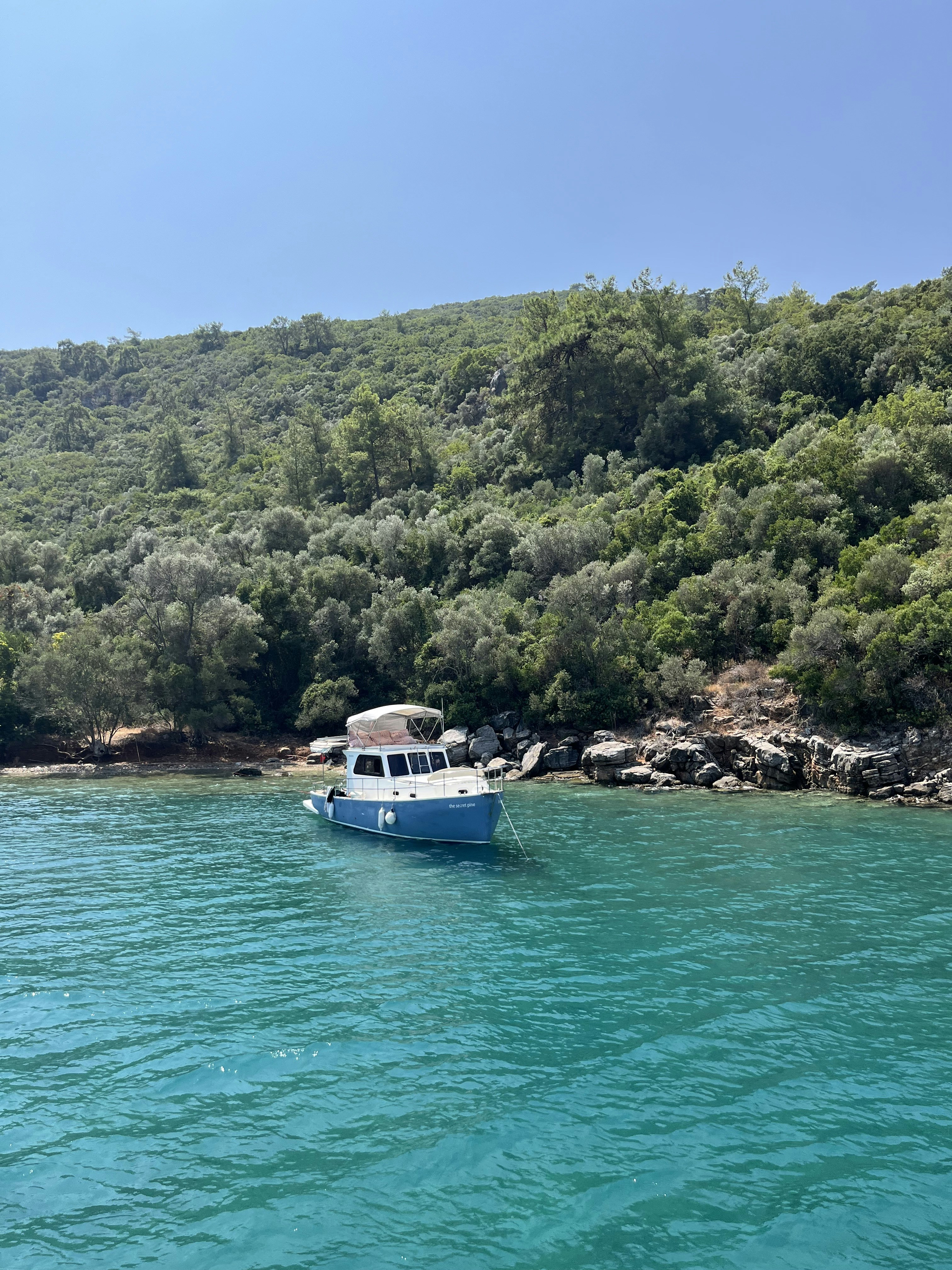 A tranquil boat anchored in clear turquoise waters, surrounded by lush greenery and rocky shores. The scene embodies a peaceful coastal retreat.