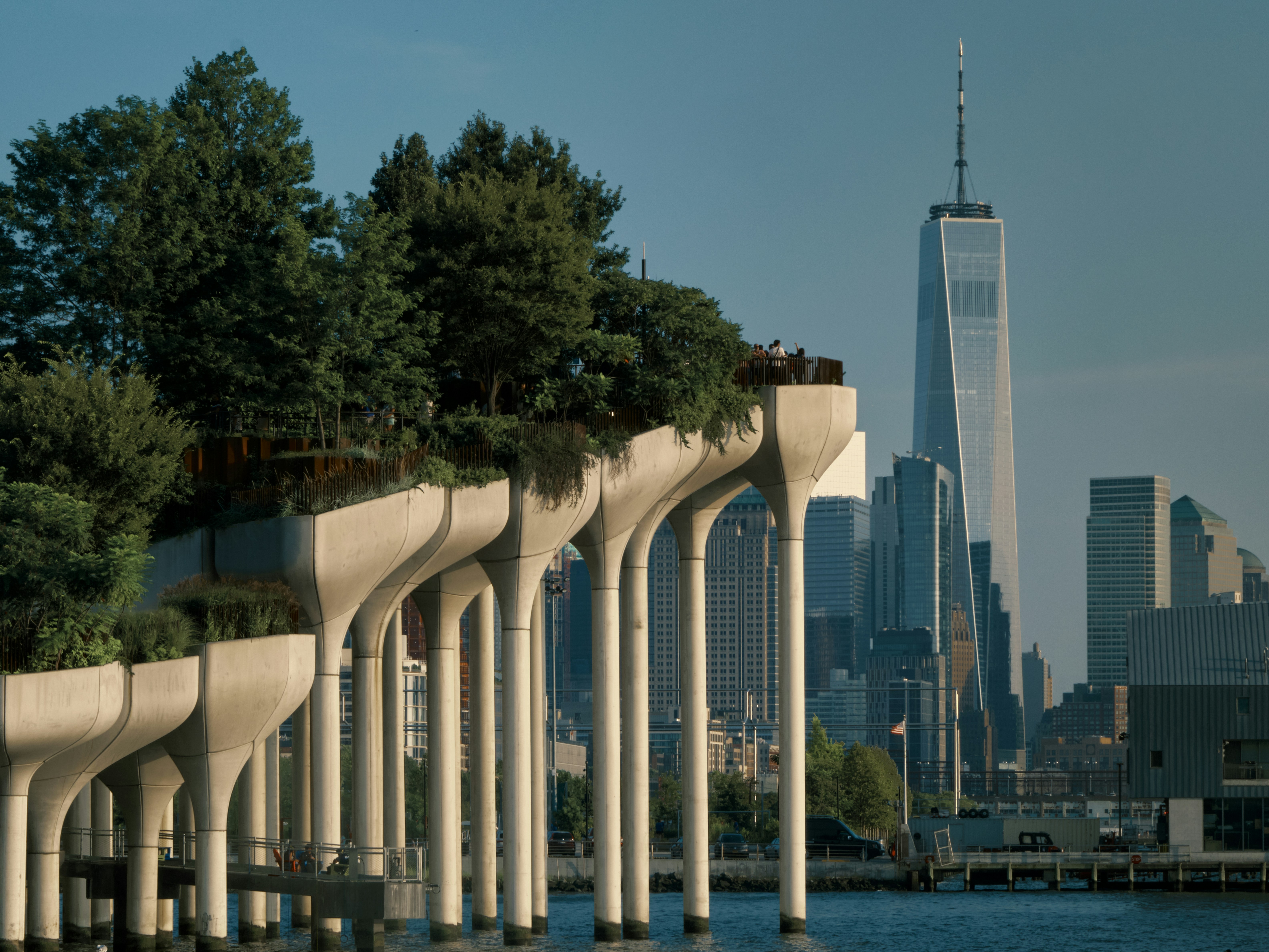 Modern elevated park with trees and city skyline