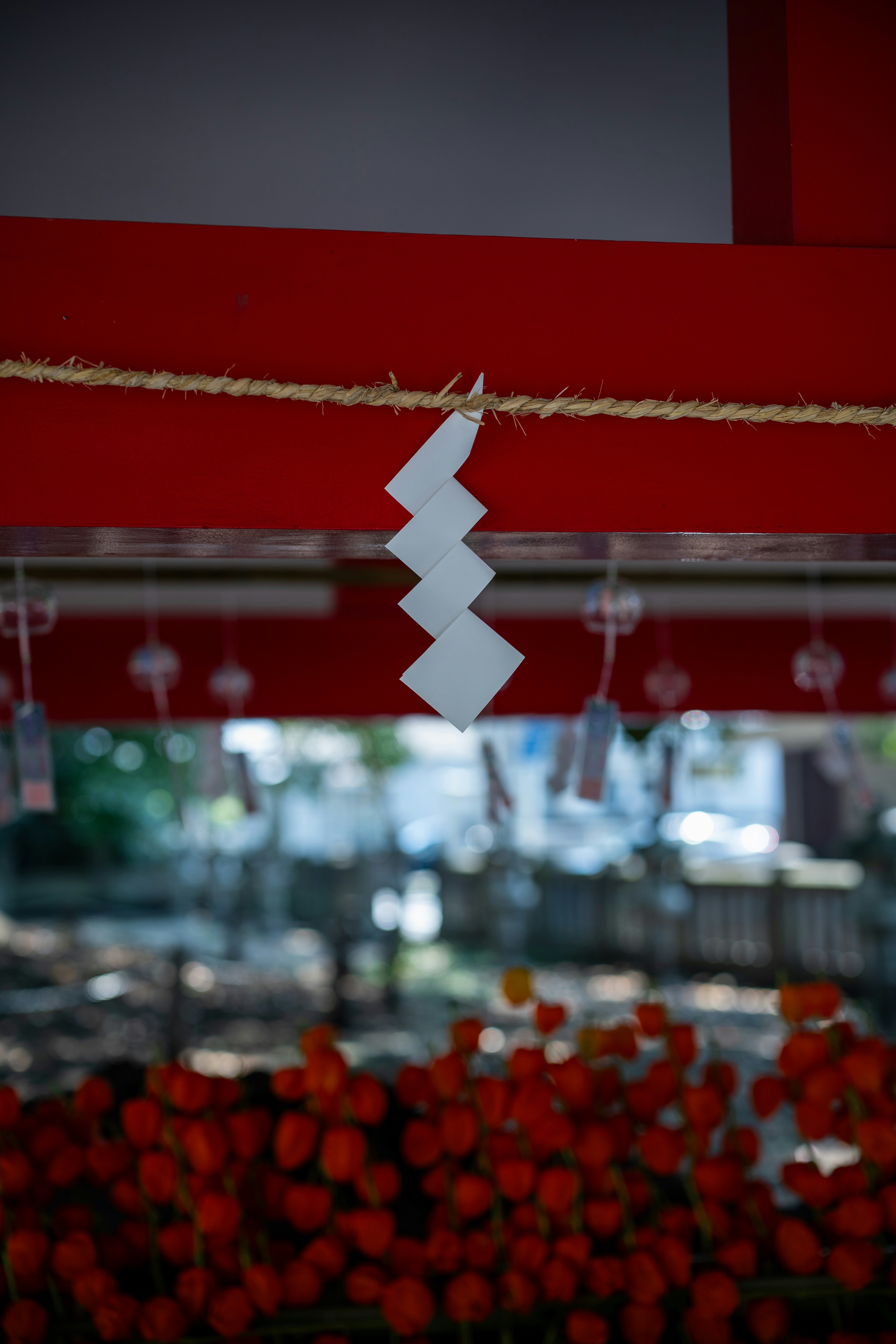 White paper offering hangs from rope above red background