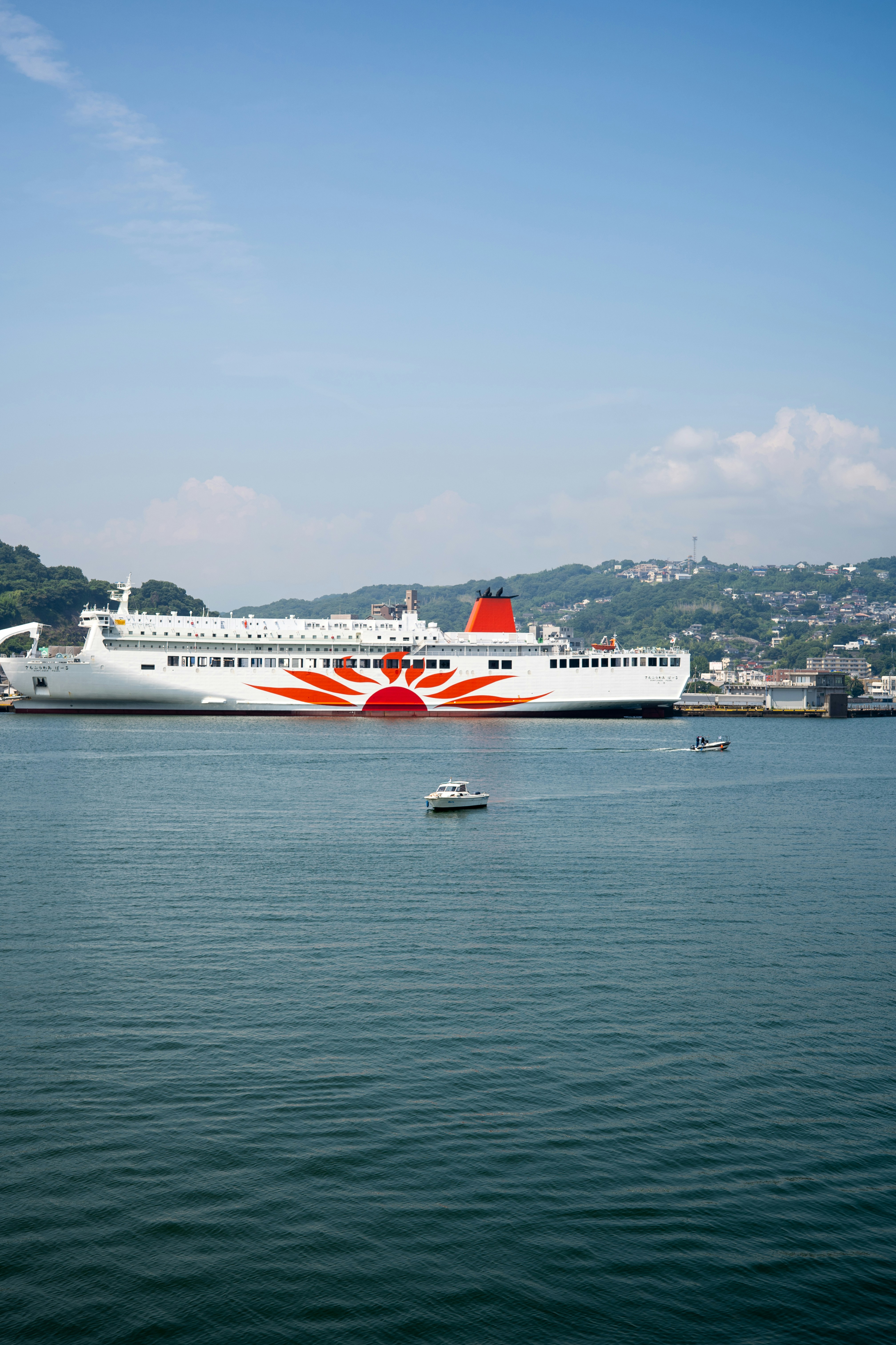 Sunburst Ferry: A White Giant Anchored by a Tranquil Seascape