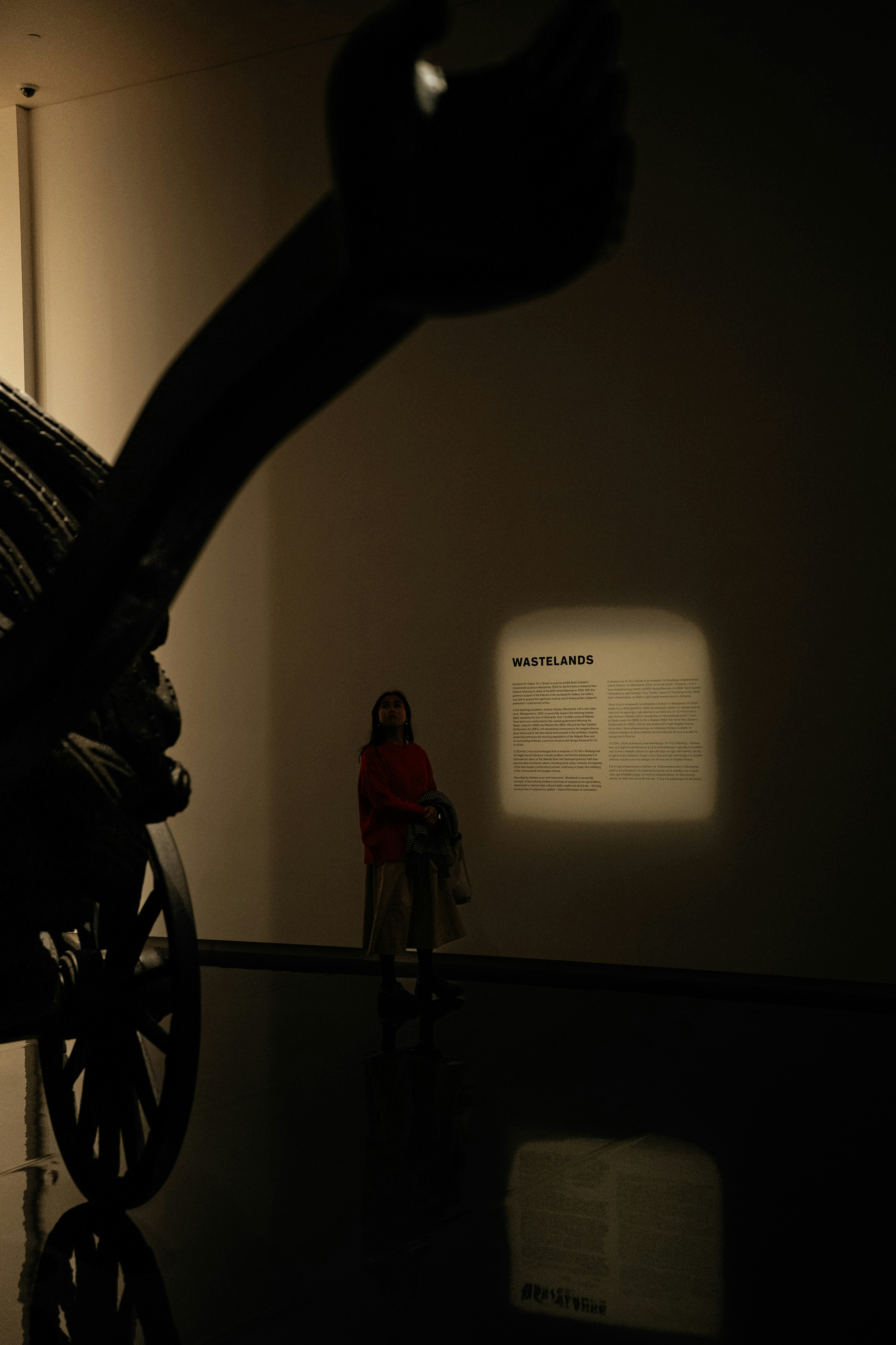 A person stands in a dimly lit gallery looking at text.