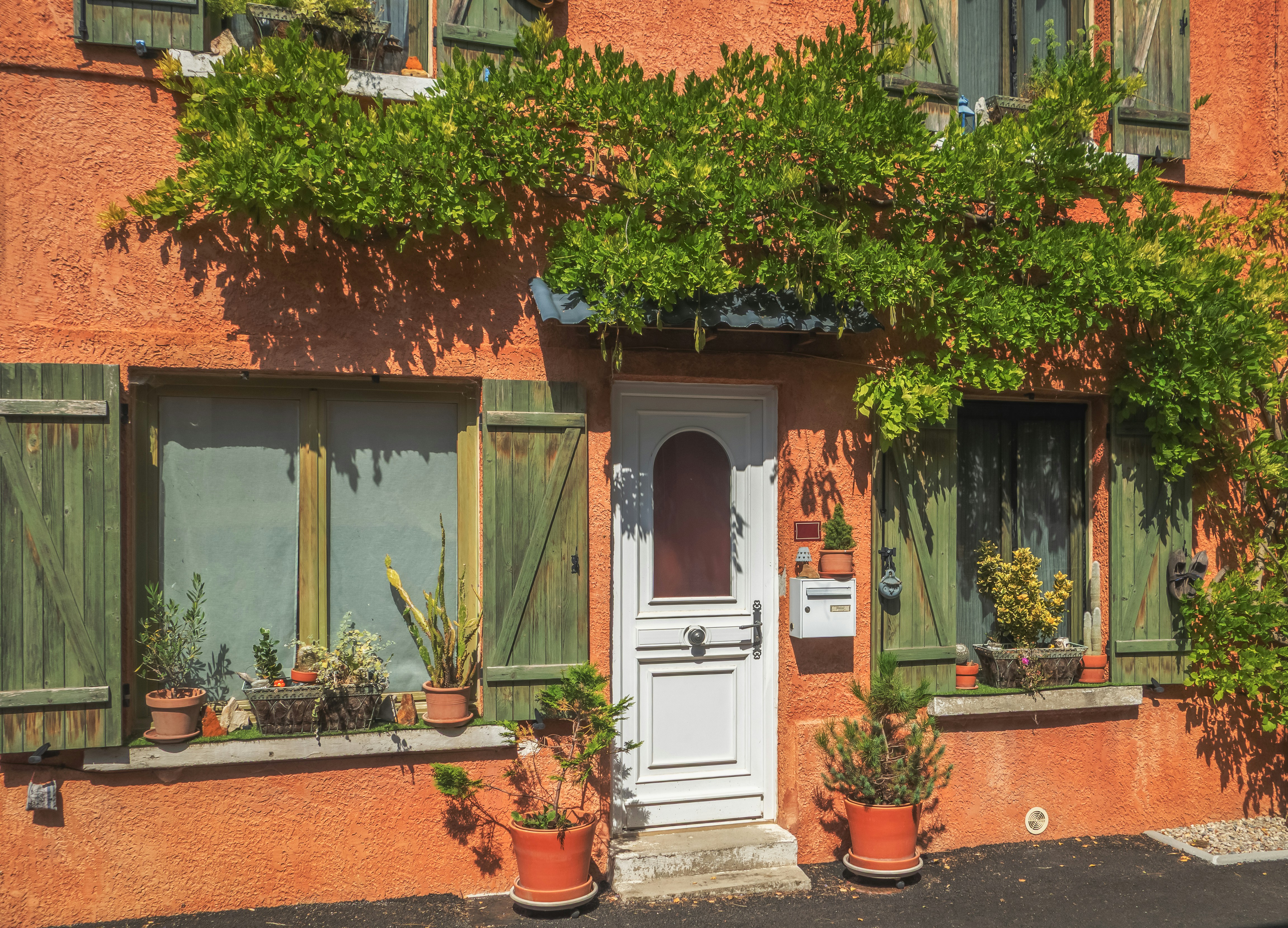 Orange house with green shutters and plants