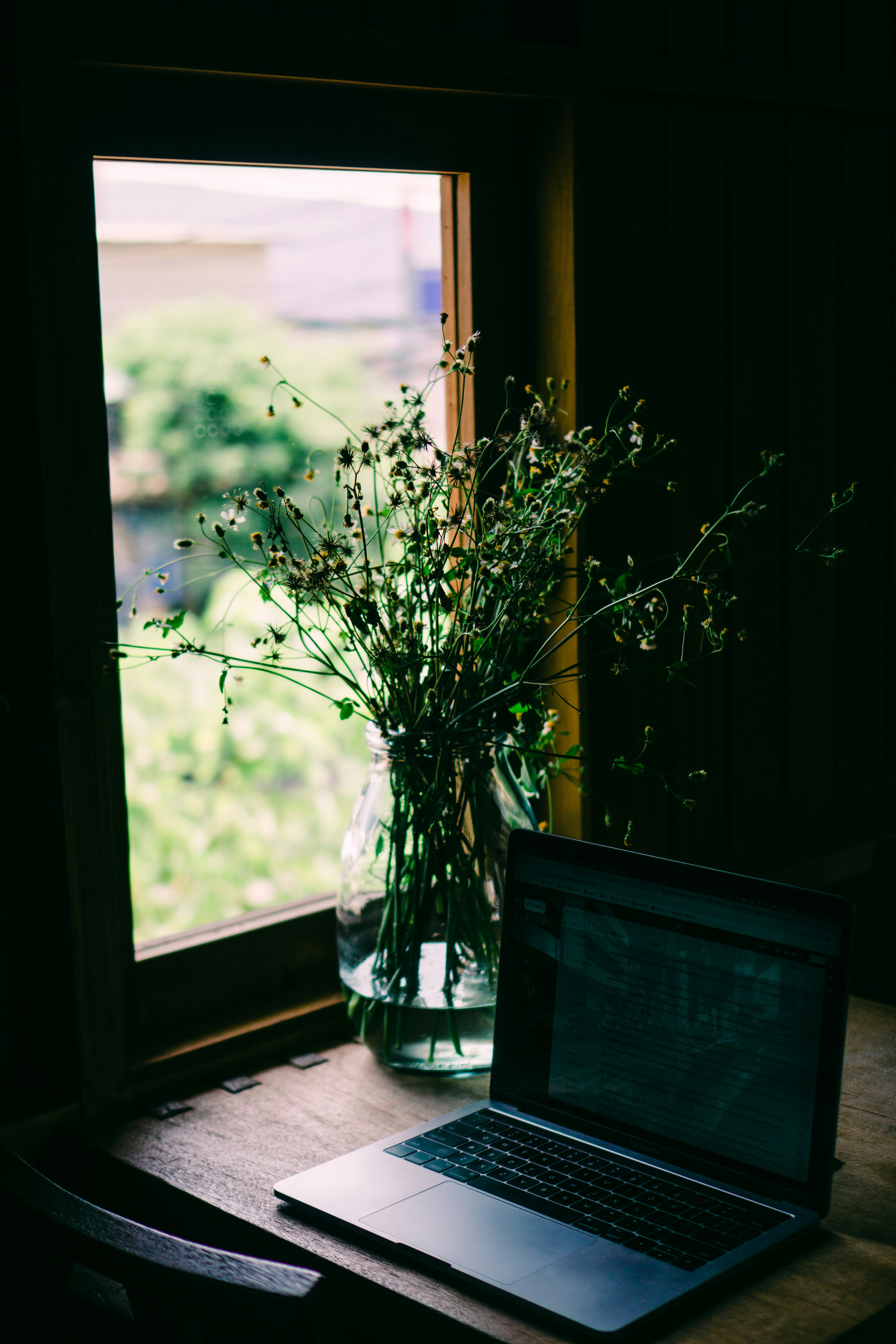 A serene workspace featuring a laptop beside a vase of dried flowers, illuminated by natural light streaming through a window.