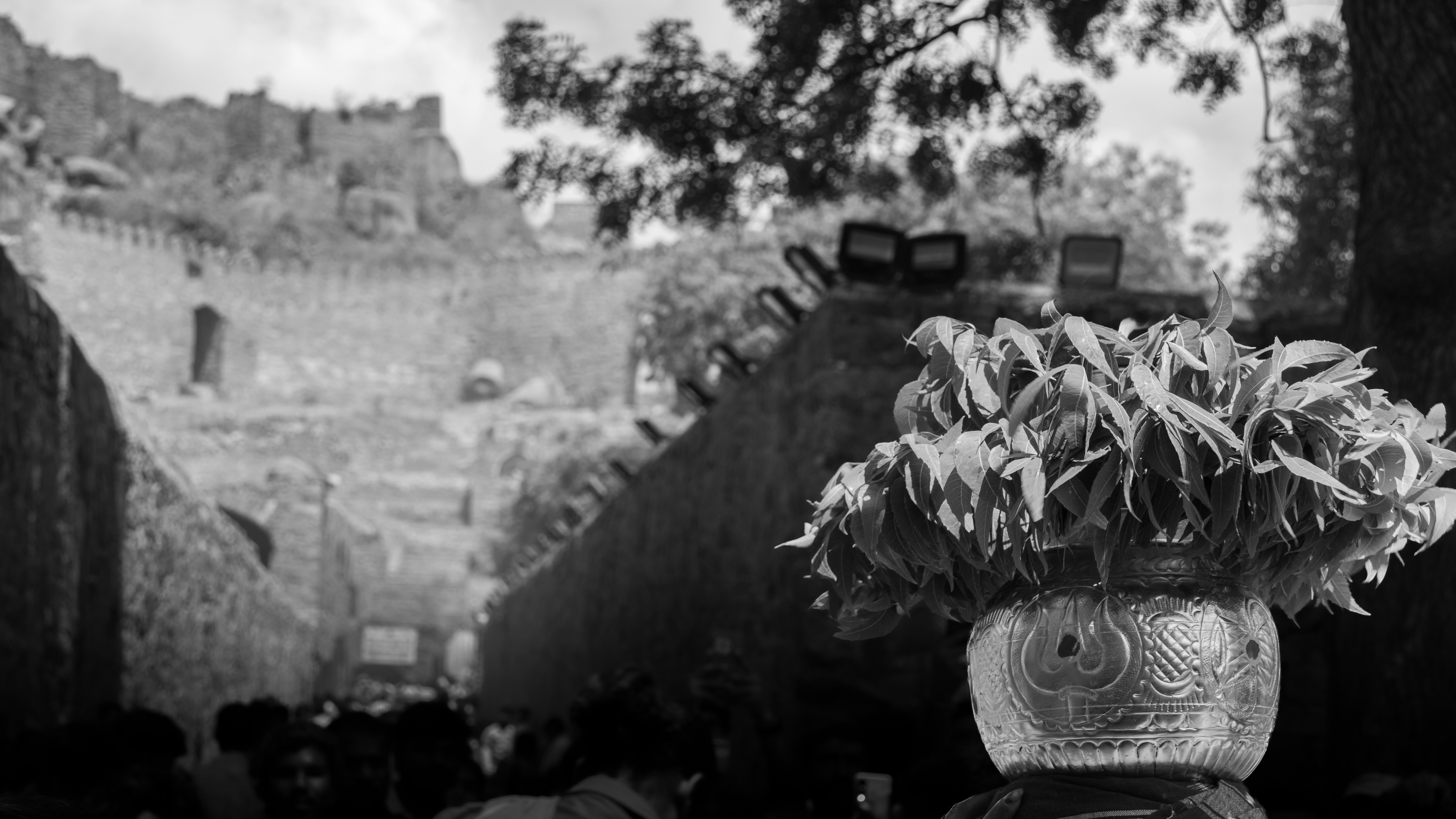 A decorative pot filled with greenery stands in the foreground, leading to a historic fortification in the background, highlighting cultural significance and architectural grandeur.