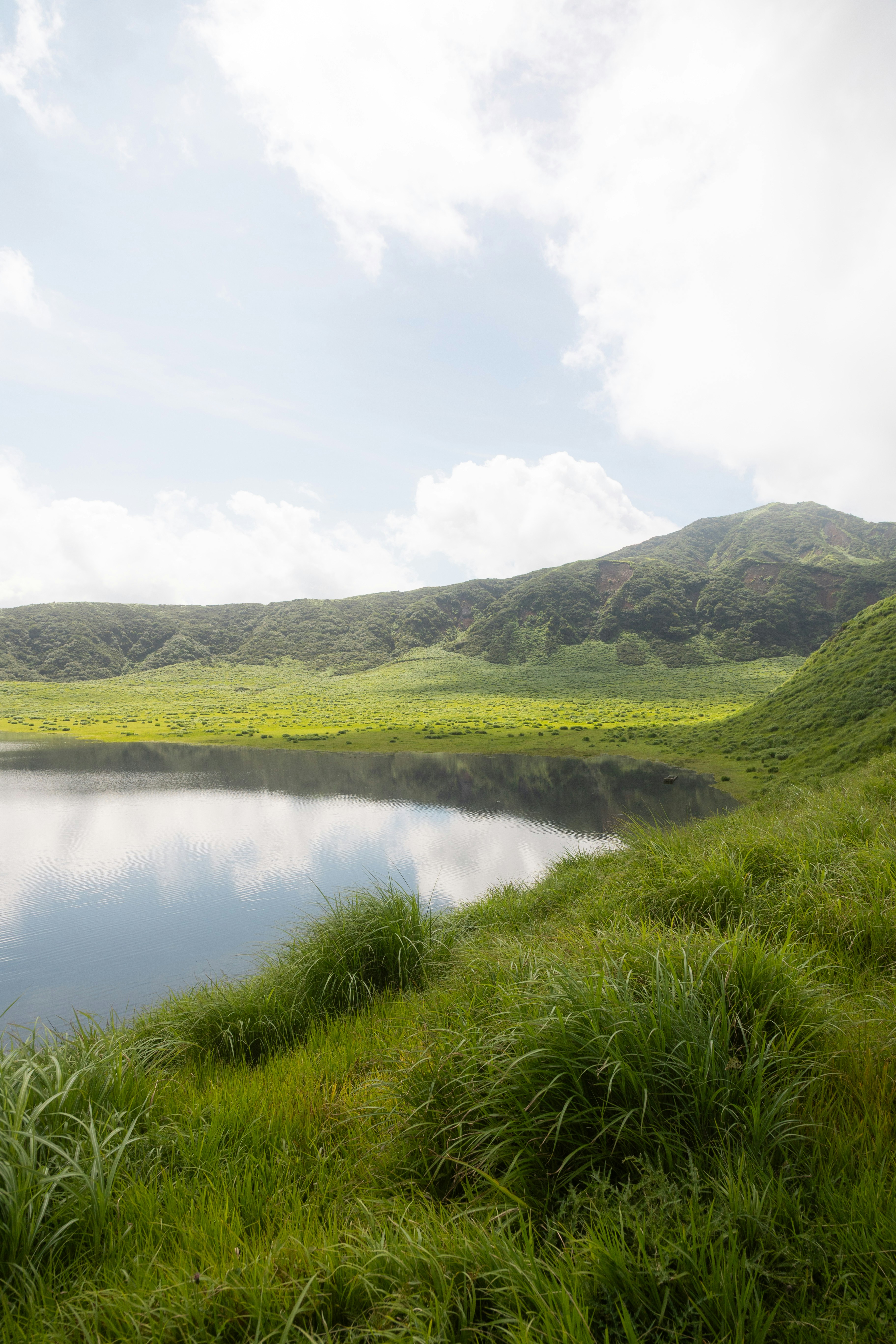 Calm lake reflects green hills under cloudy sky