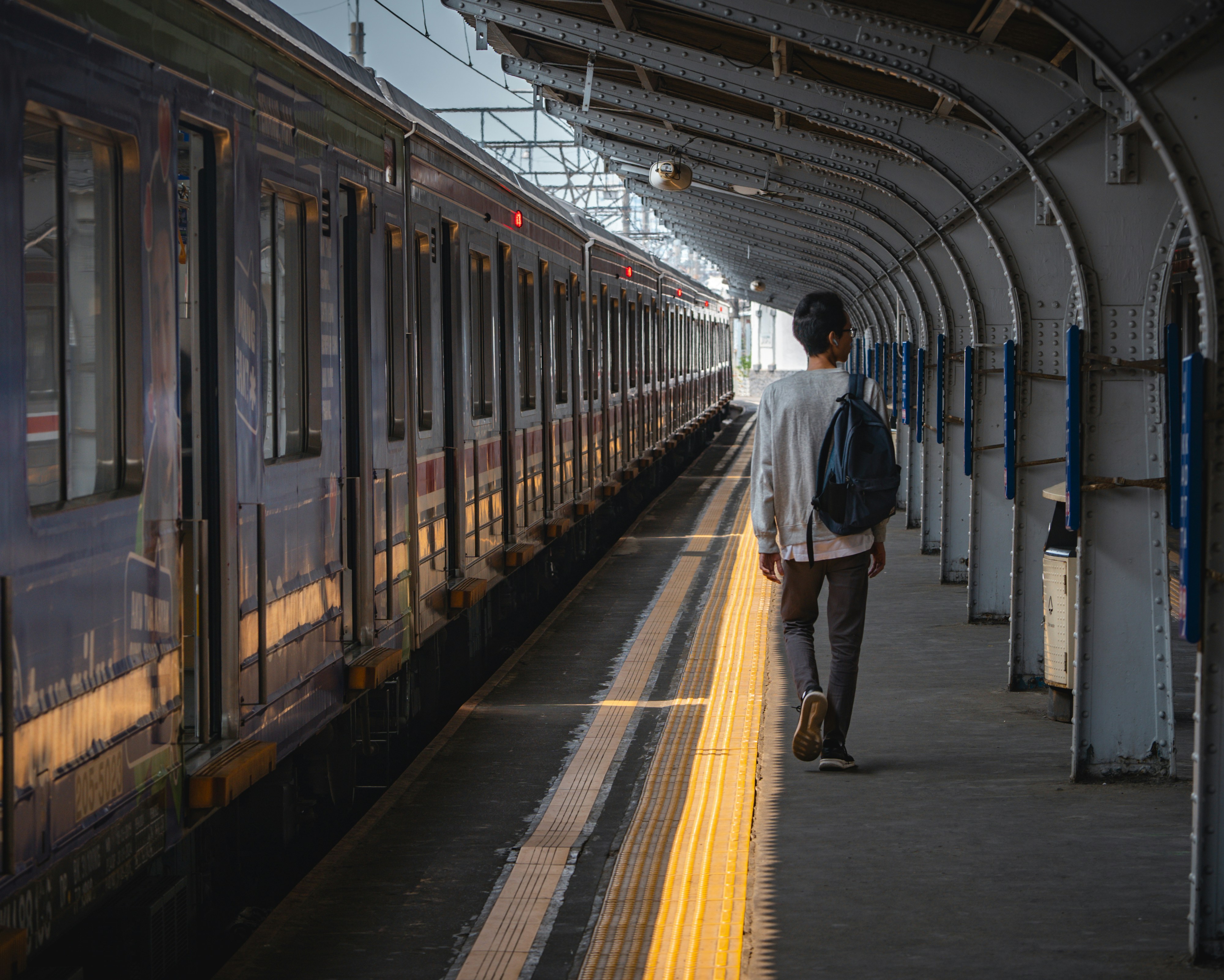 A lone traveler walks along a train platform, flanked by parked trains and bathed in warm sunlight. The scene captures the essence of transit and solitude.