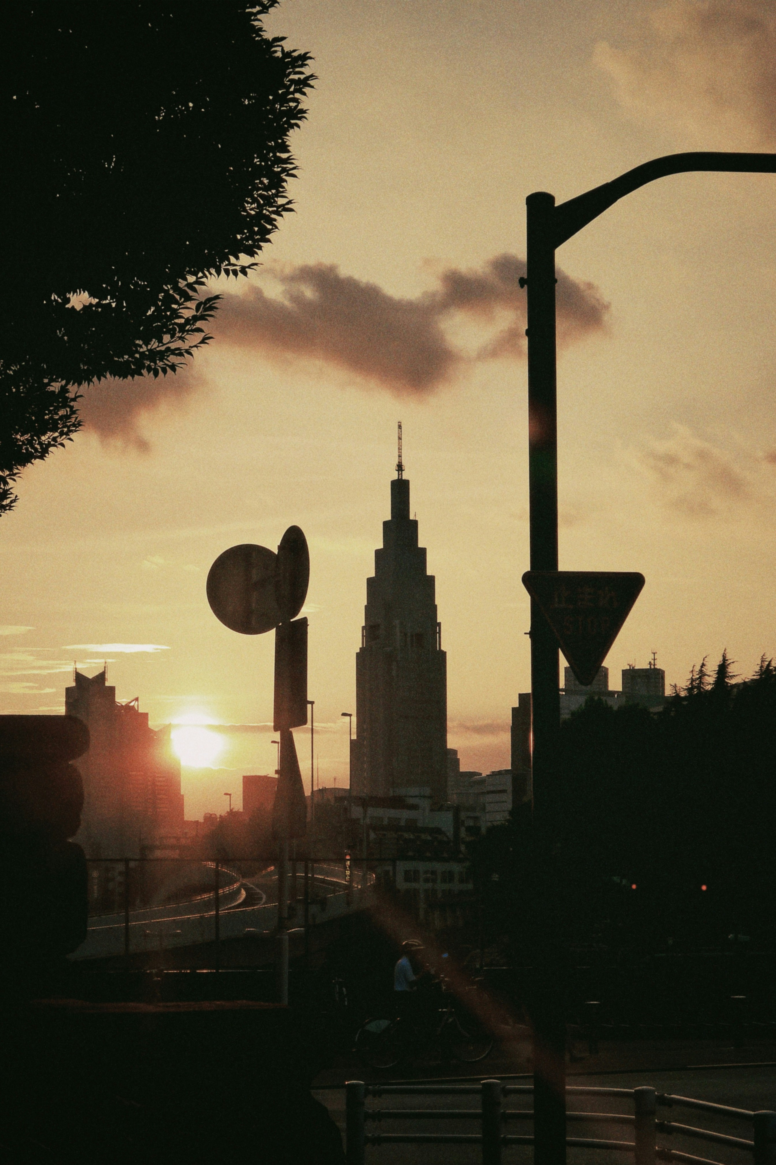Cityscape with skyscraper at sunset with sun low.