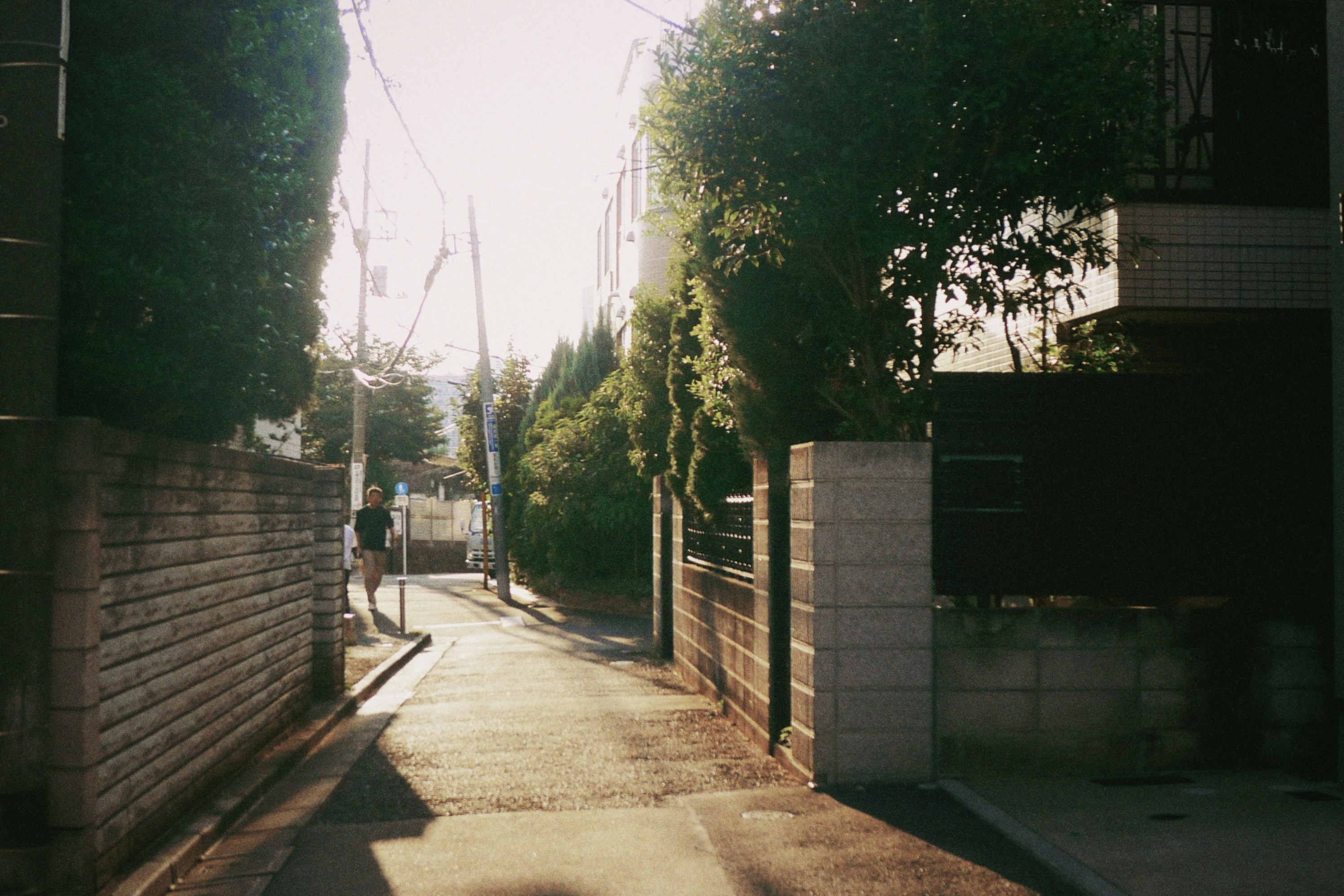 Sunlight illuminates a narrow alleyway between buildings