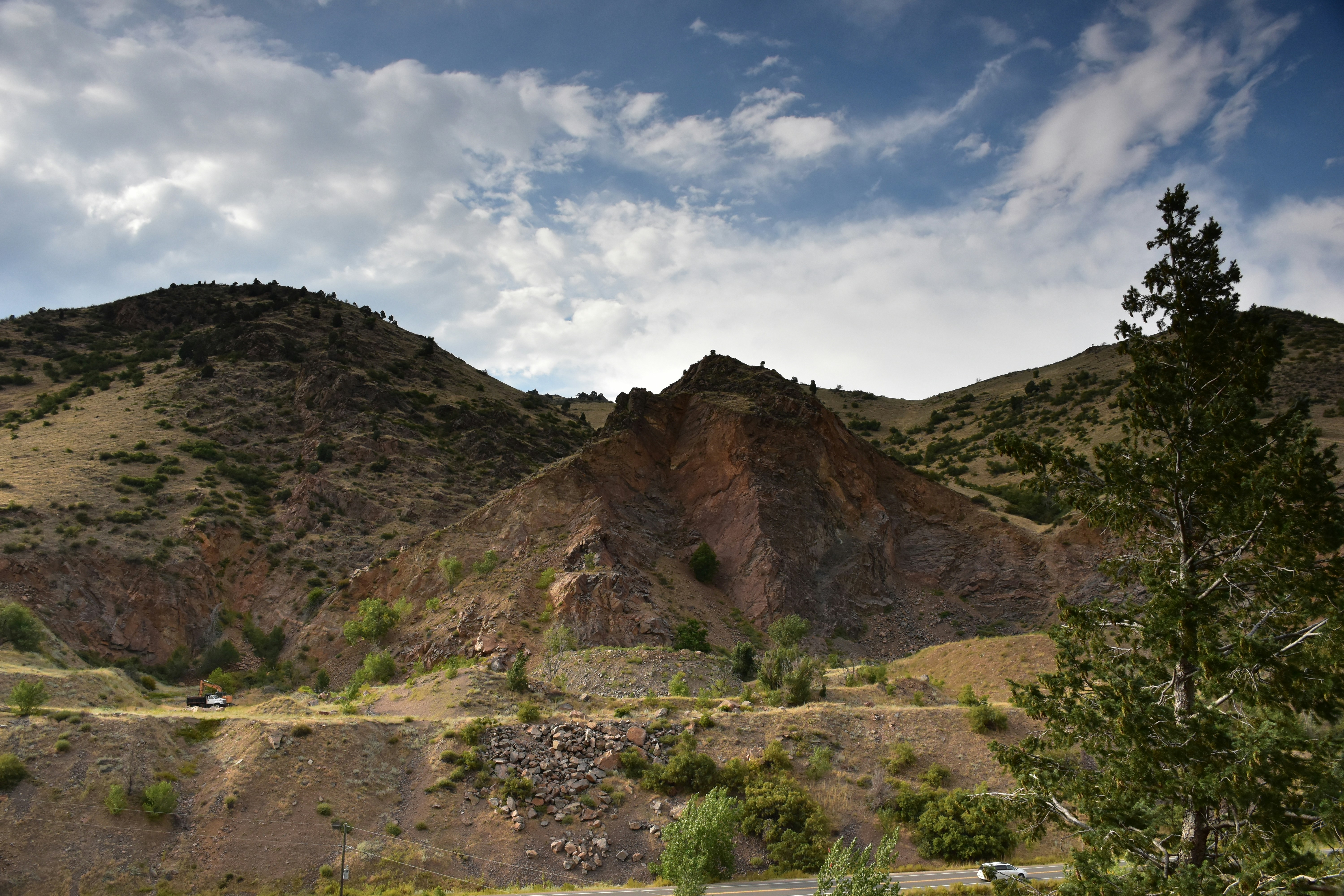 Rocky mountainside with scattered trees under cloudy sky
