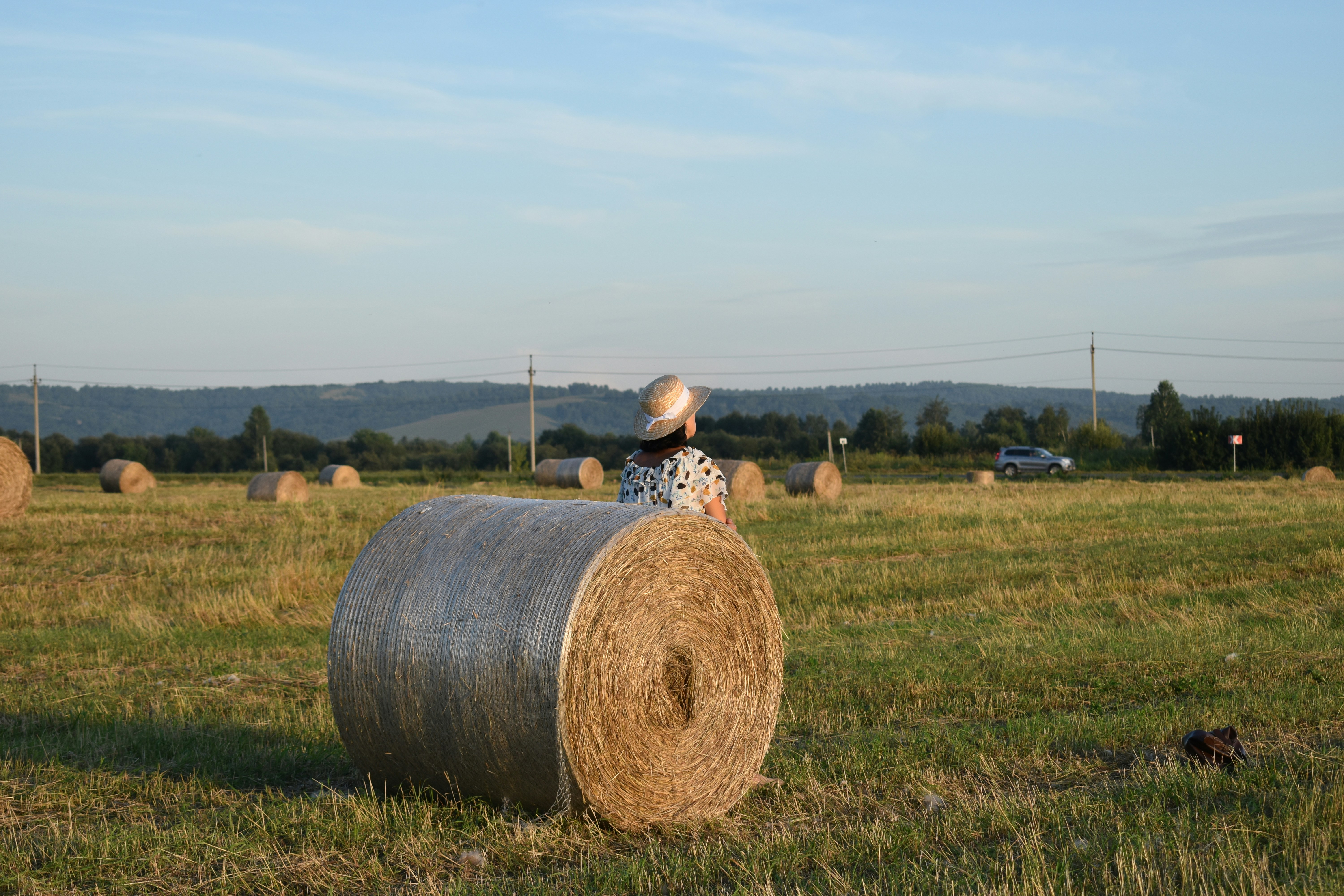 Quiet Harvest: A Hat-Wearing Observer by a Round Hay Bale in a Sunlit Field