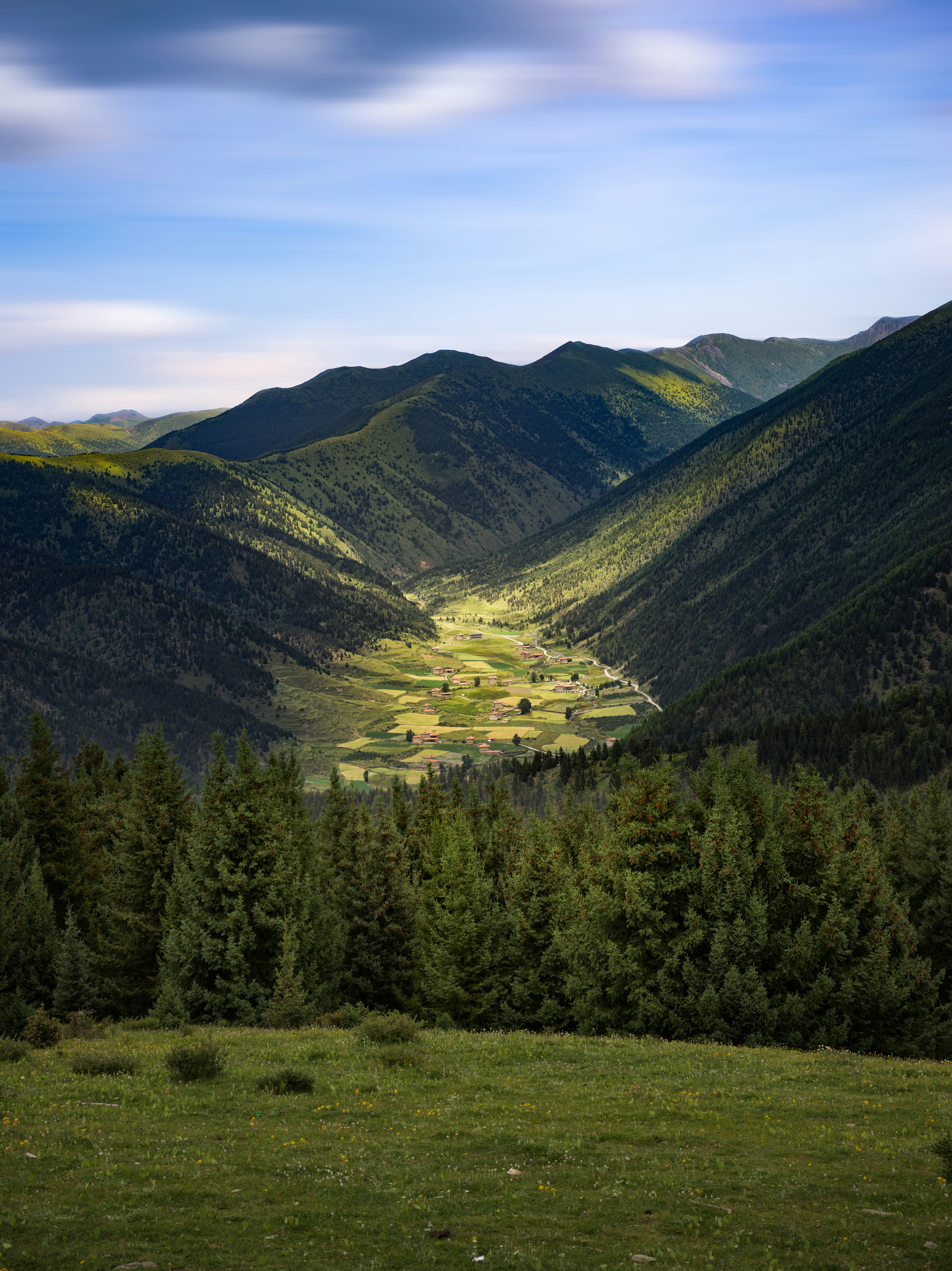 Sunlit valley surrounded by lush green mountains and trees