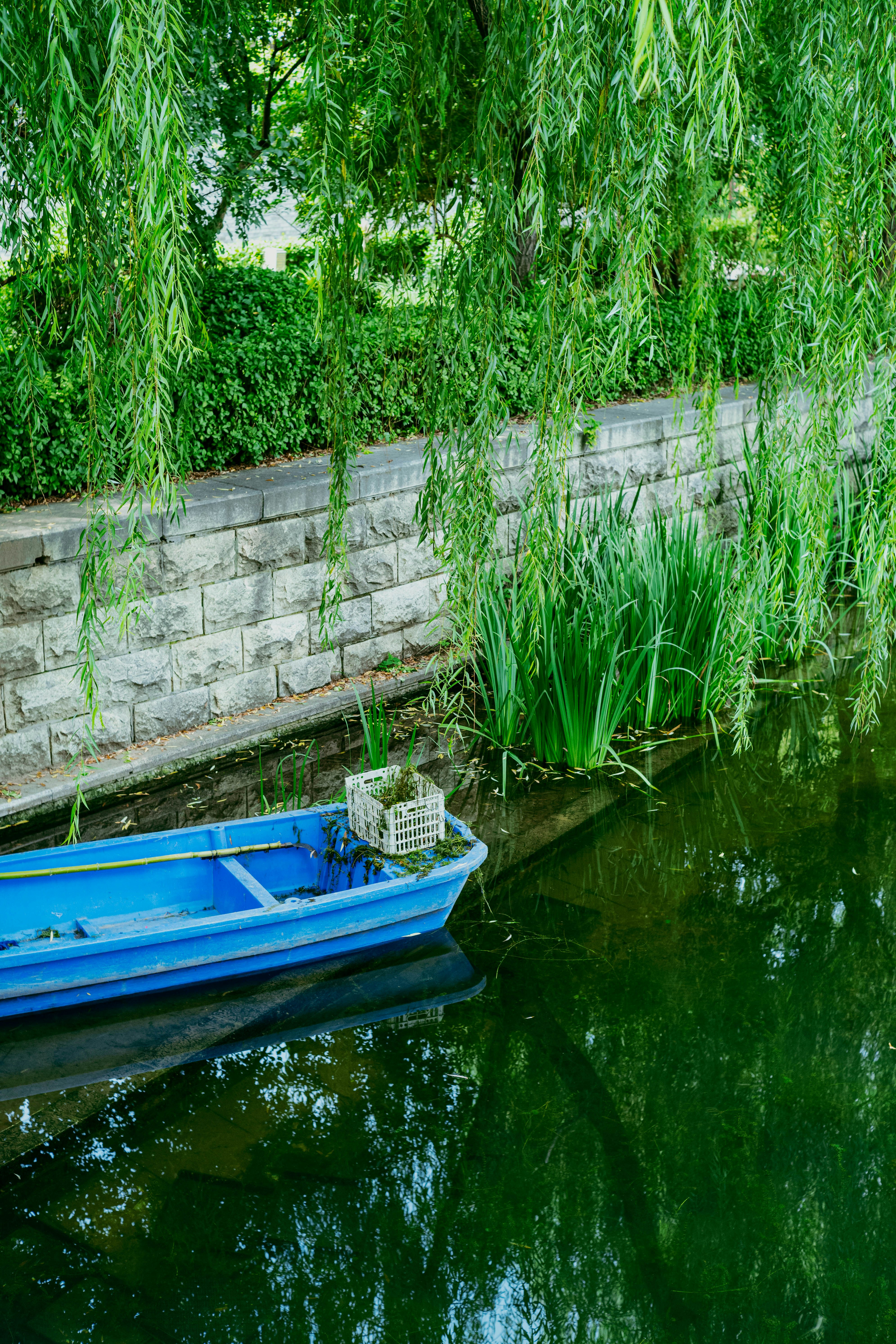 Blue boat moored by a stone wall and weeping willow.