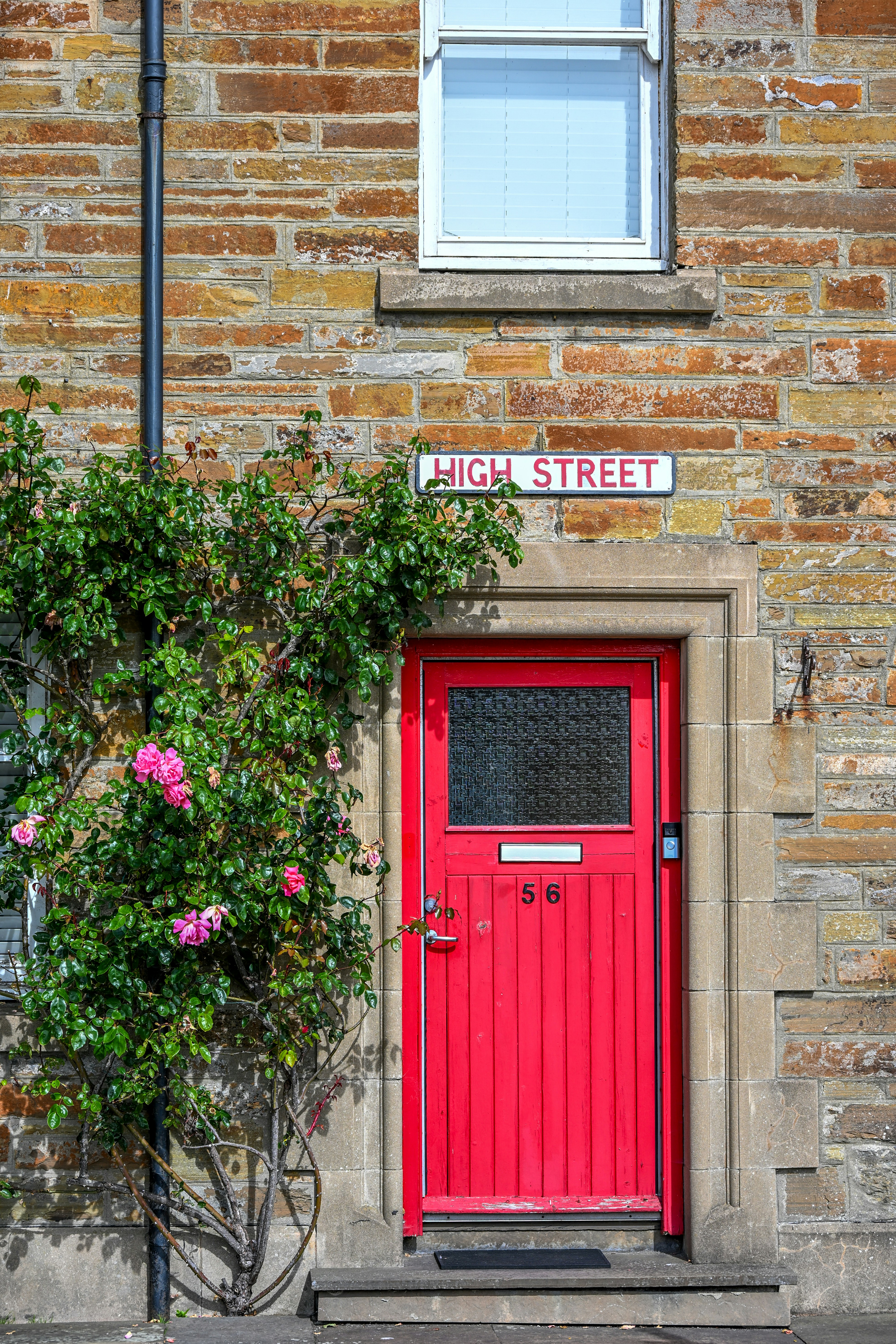 Bright red door framed by lush greenery and pink flowers, with a street sign above indicating 'HIGH STREET.'