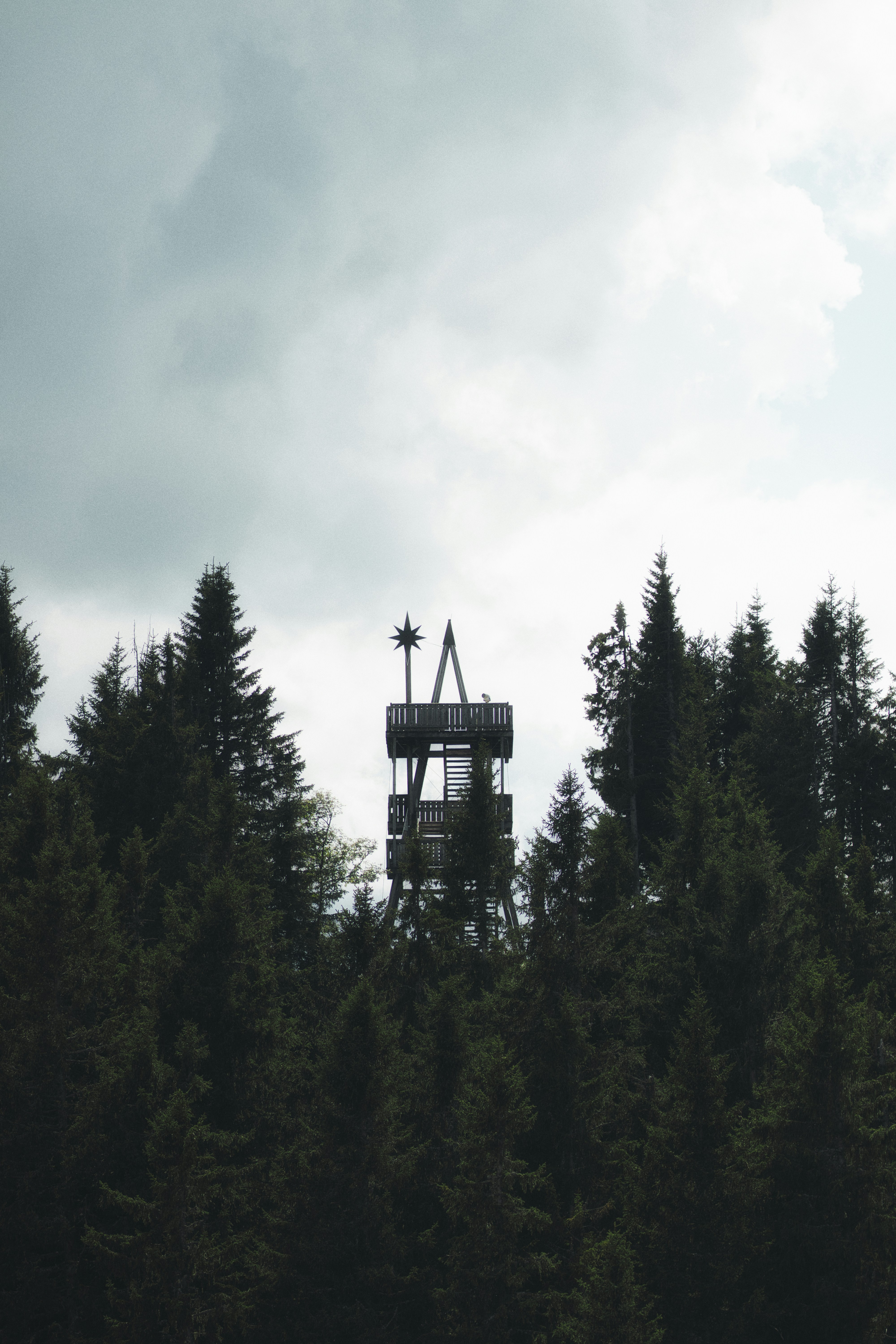 A wooden observation tower rises above a dense forest, crowned with a star-shaped ornament against a backdrop of moody skies.