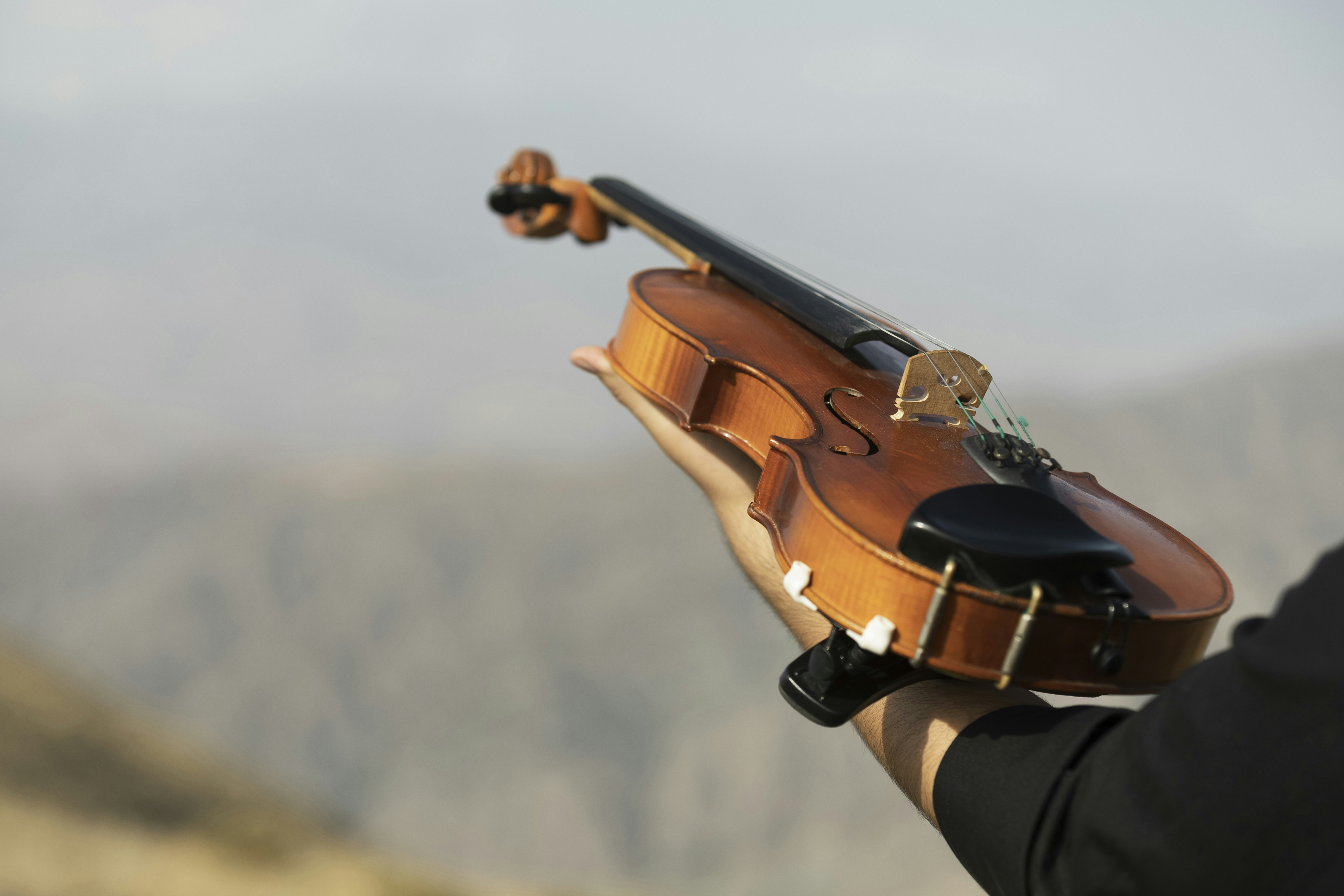 Melody in the Open: Violin Framed by Quiet Valleys