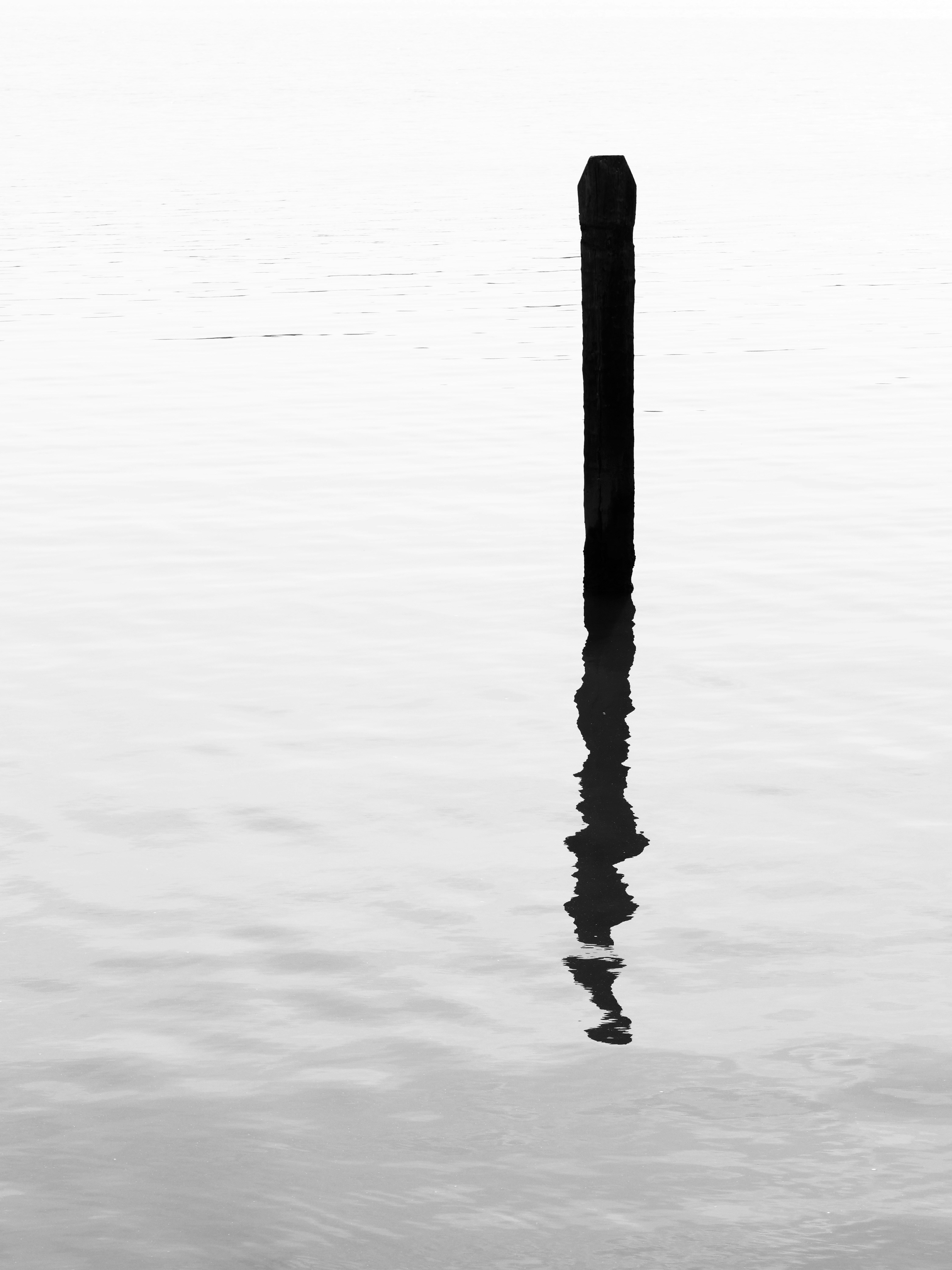 A post in the water of a lake with its reflection | A solitary wooden post in calm water
