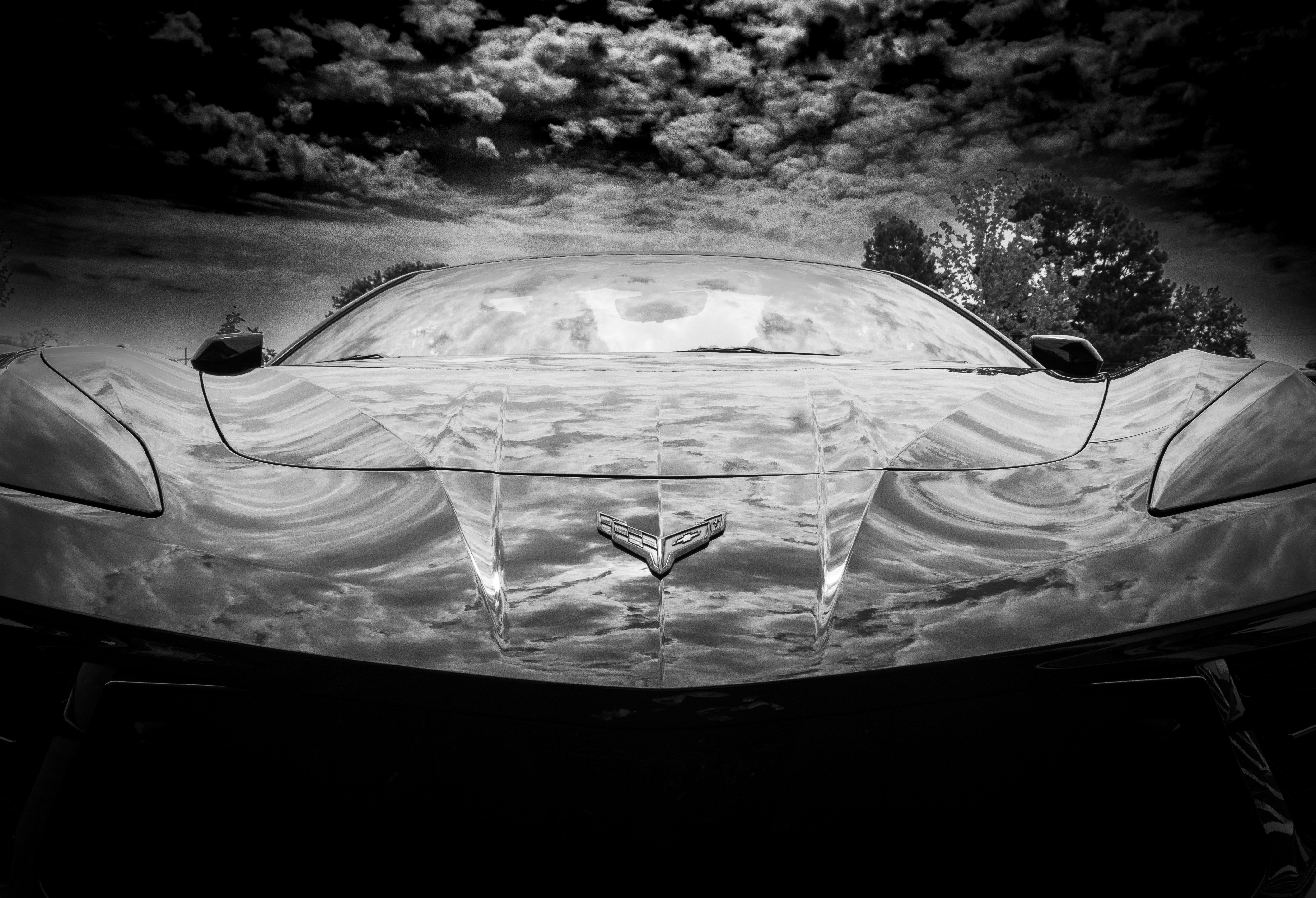 Corvette C8 | Low angle view of a sleek car reflecting the sky