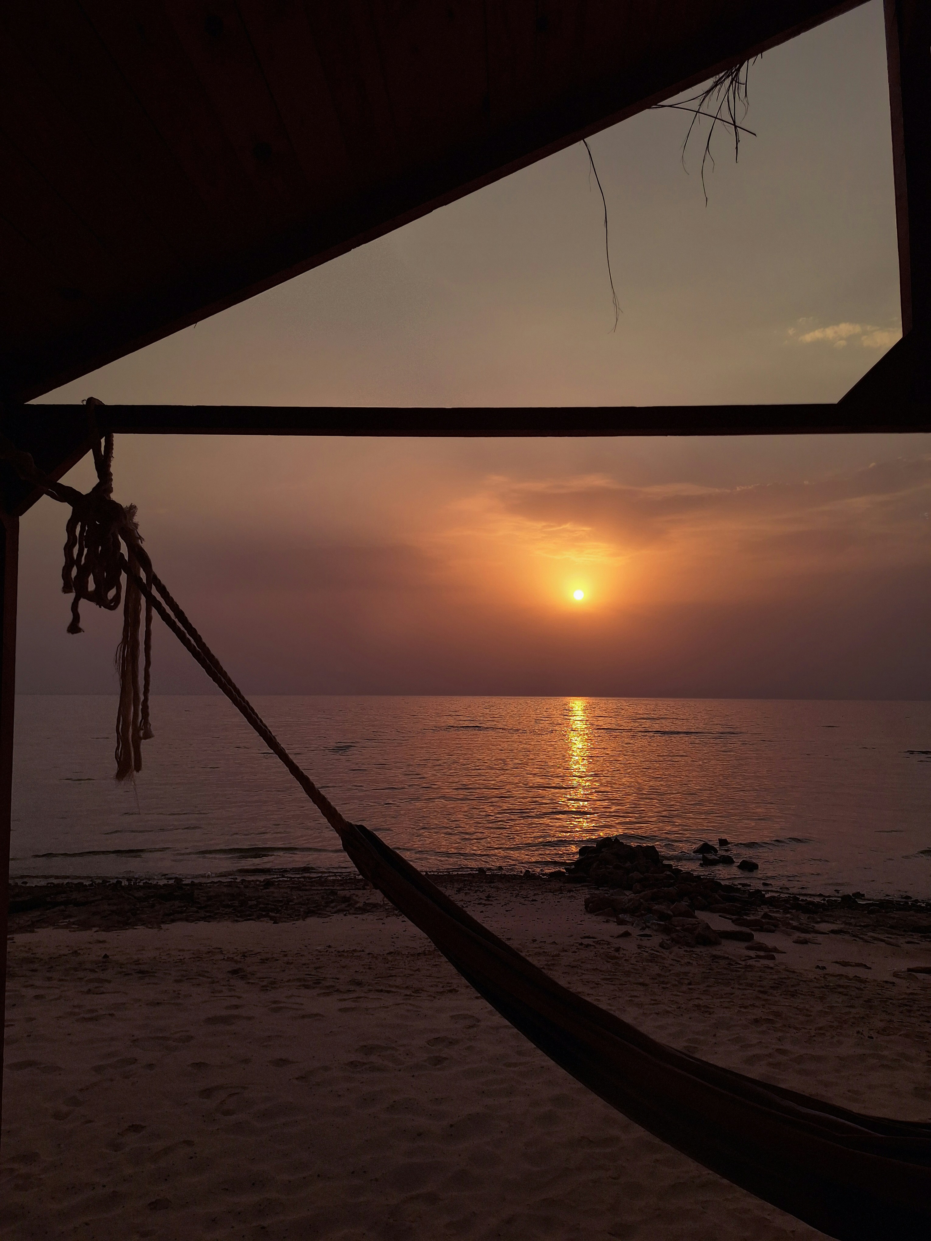 Hammock overlooks tranquil ocean at sunset