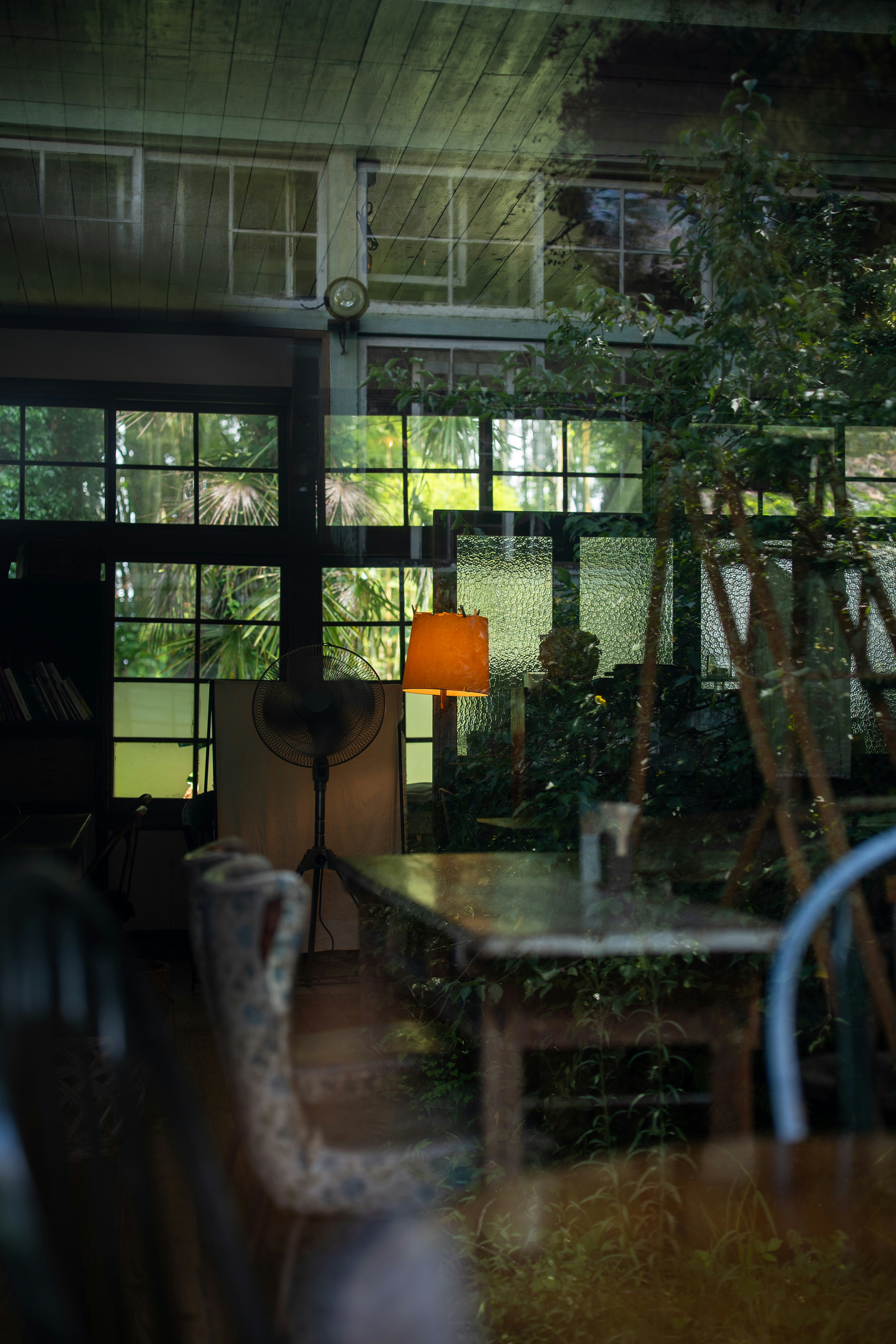 Cozy interior featuring a vintage lamp and a fan, with lush greenery visible through large windows. A harmonious blend of indoor and outdoor elements.