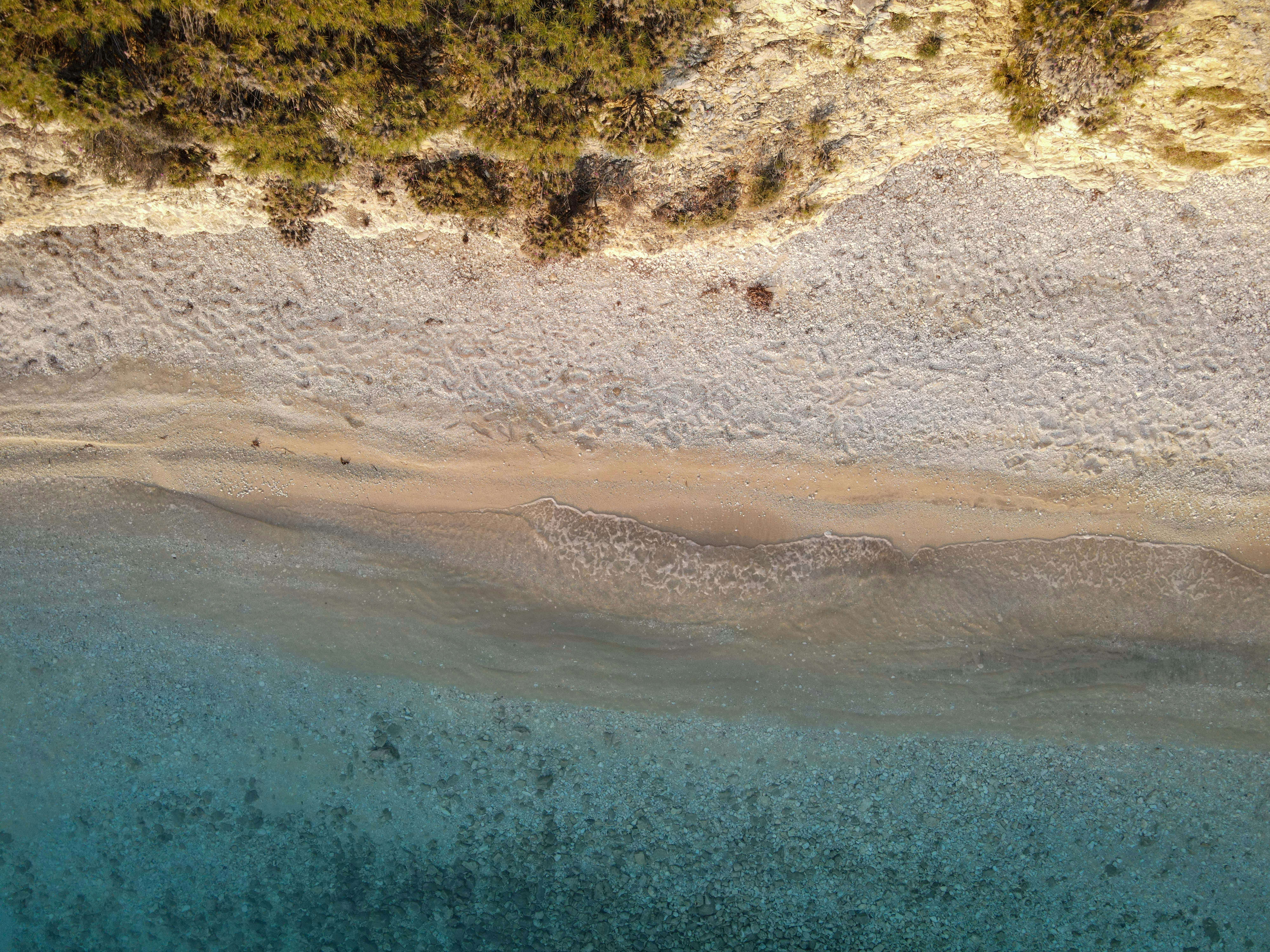 Gentle waves lapping against a sandy beach bordered by lush greenery, captured from above. The tranquil scene showcases the interplay of land and sea.