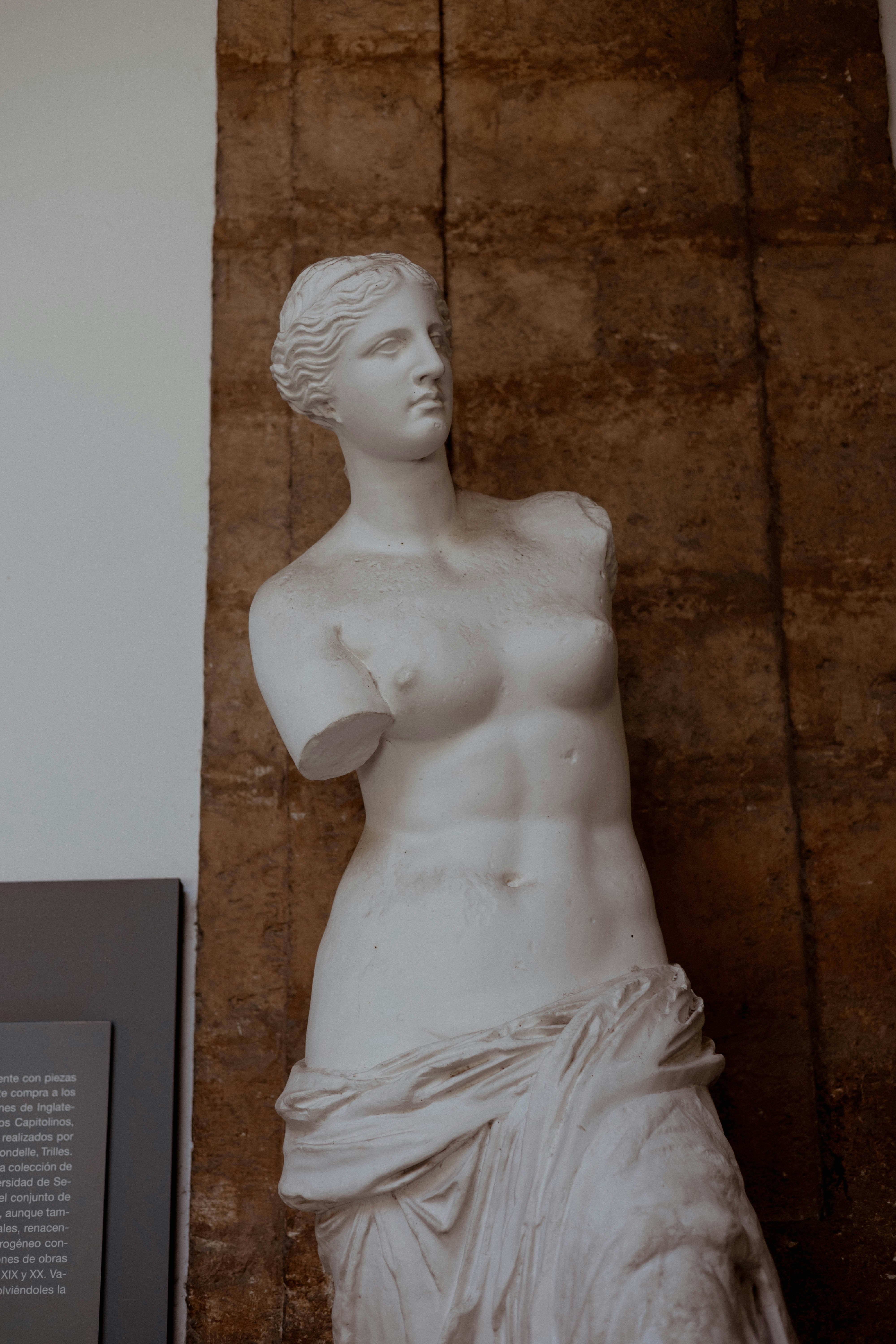 Classical marble statue of a female figure, showcasing intricate details and drapery, set against a textured wall. The piece embodies the grace of ancient artistry.