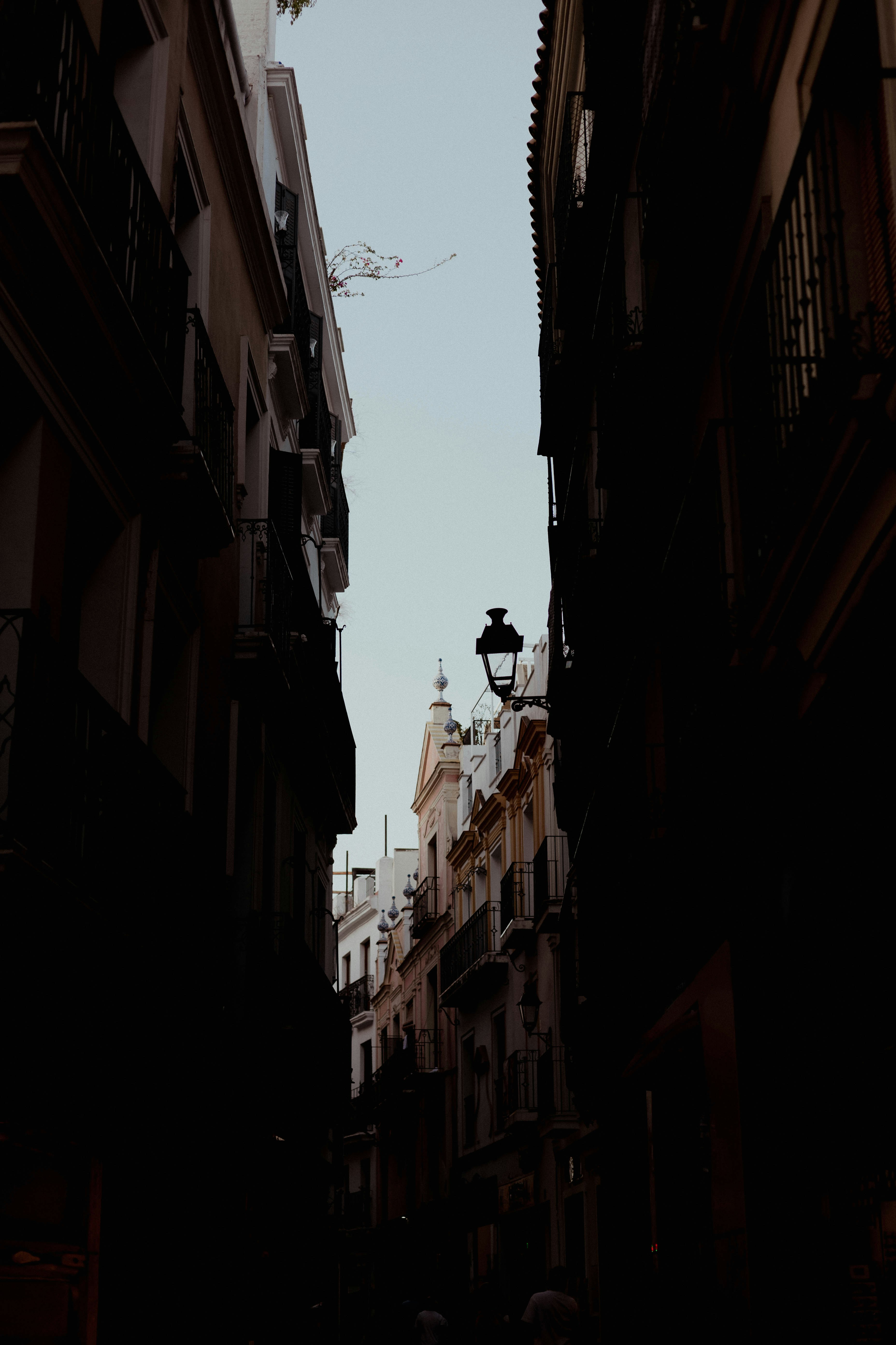 Narrow alley framed by shadowy buildings, revealing hints of architectural details and a pale sky above.