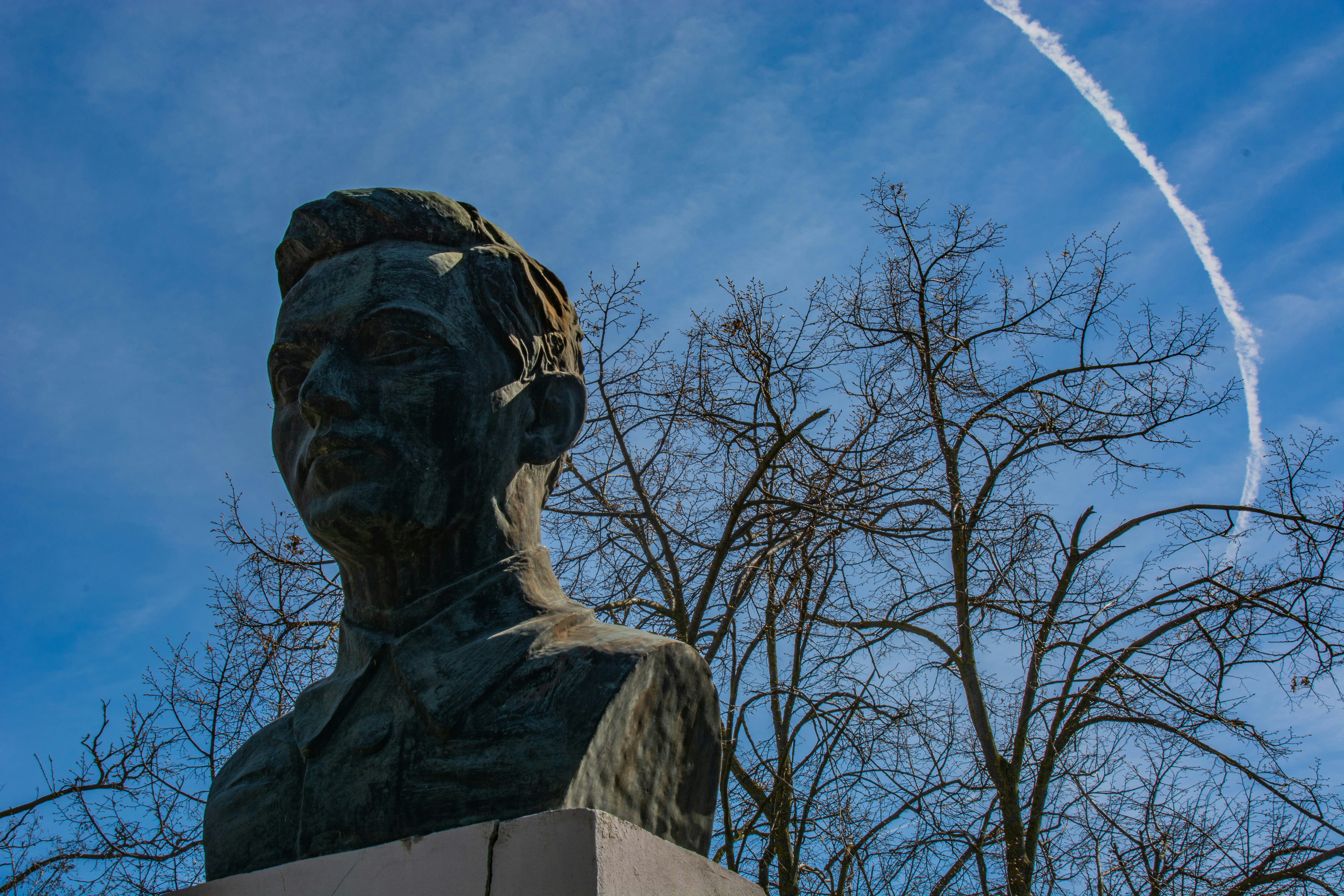 Bust of a man against a bright blue sky