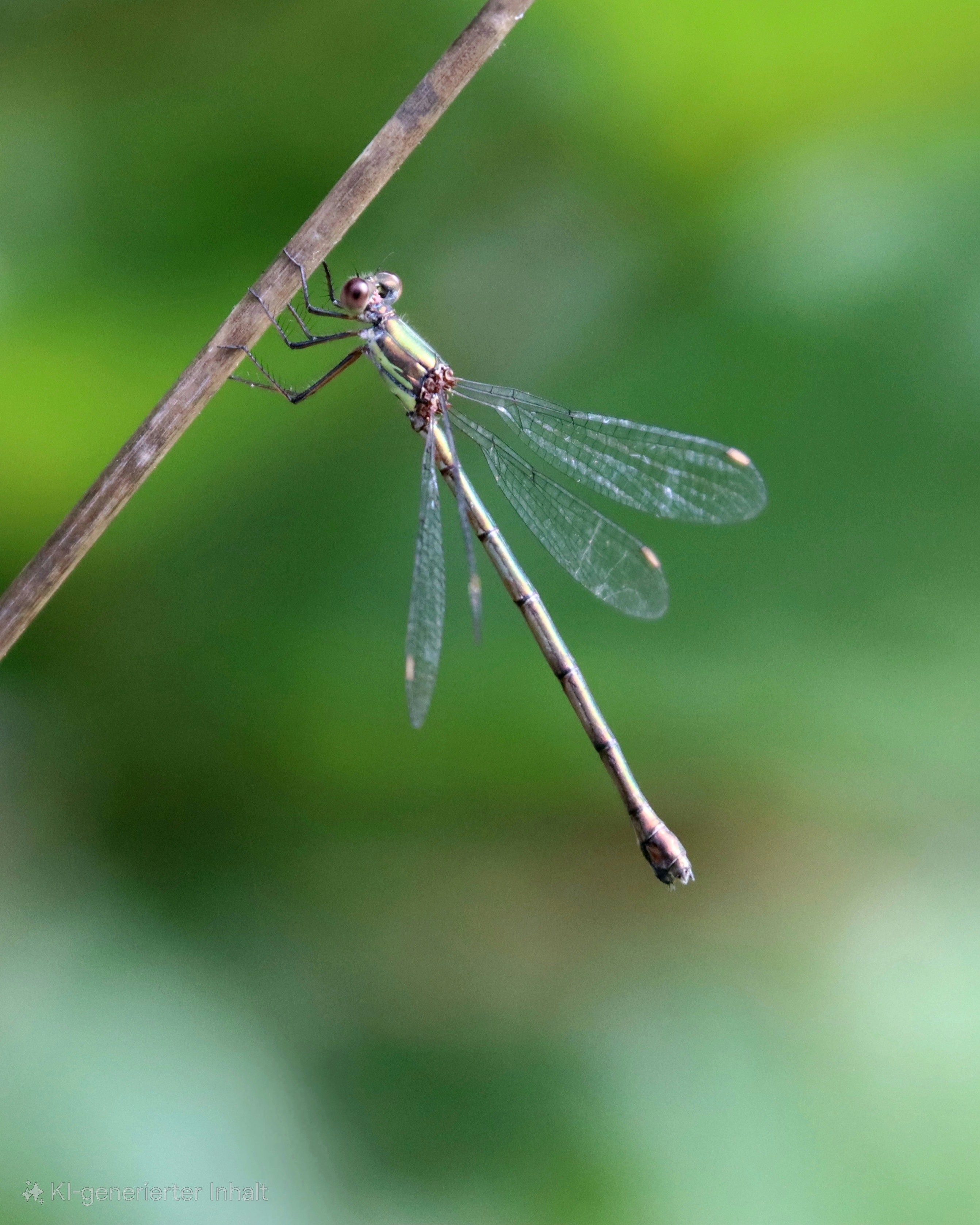 A dragonfly perched gracefully on a slender twig, showcasing intricate wing patterns against a blurred green backdrop.