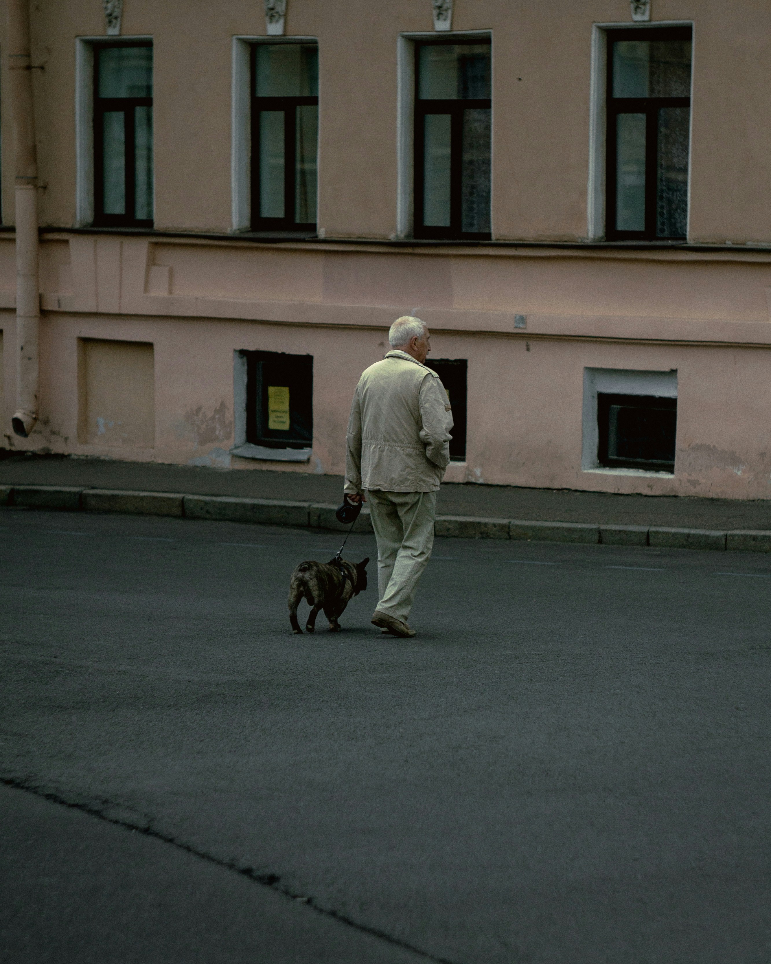 An elderly man walks his dog on a city street.