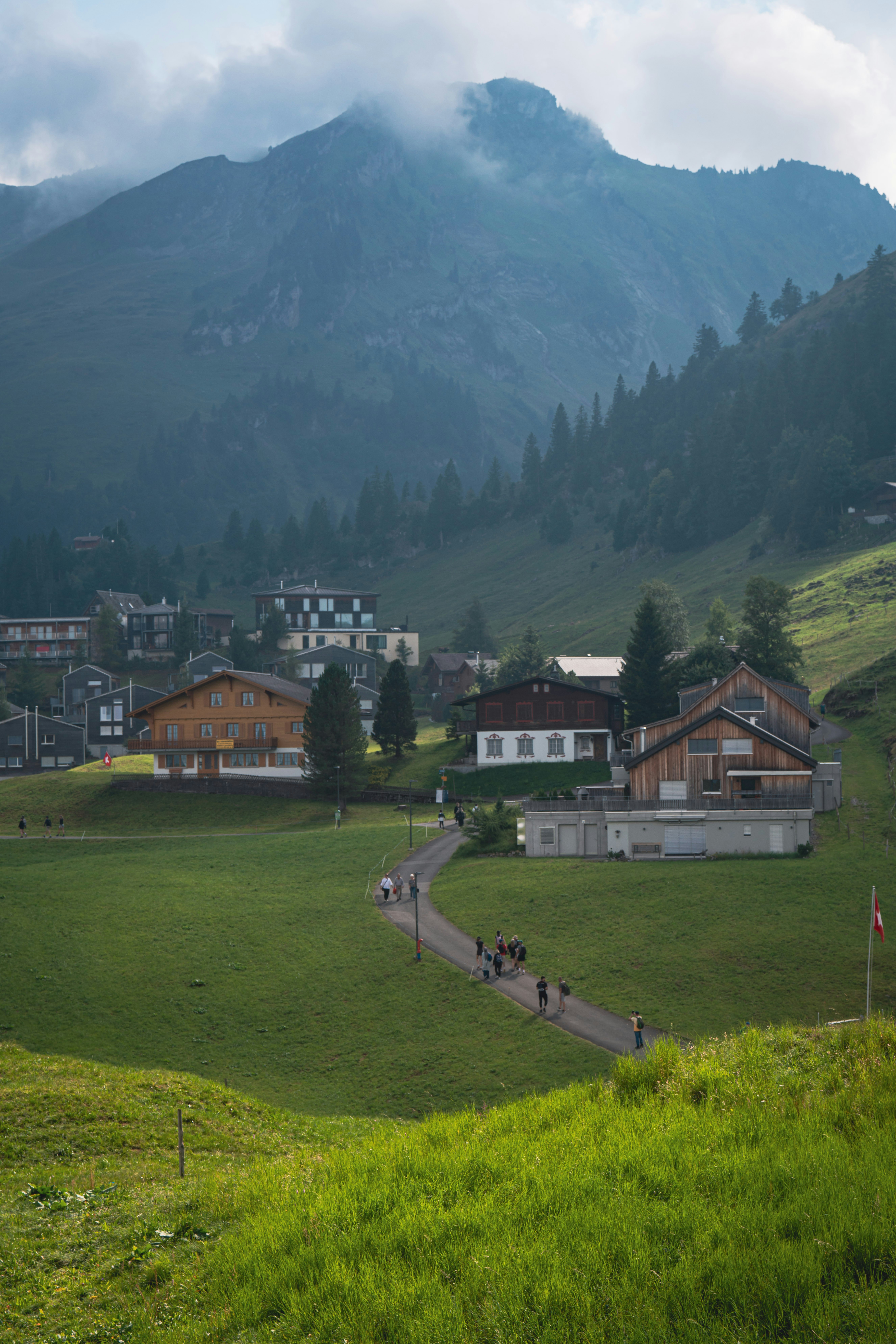 Alpine village nestled in a green valley with mountains