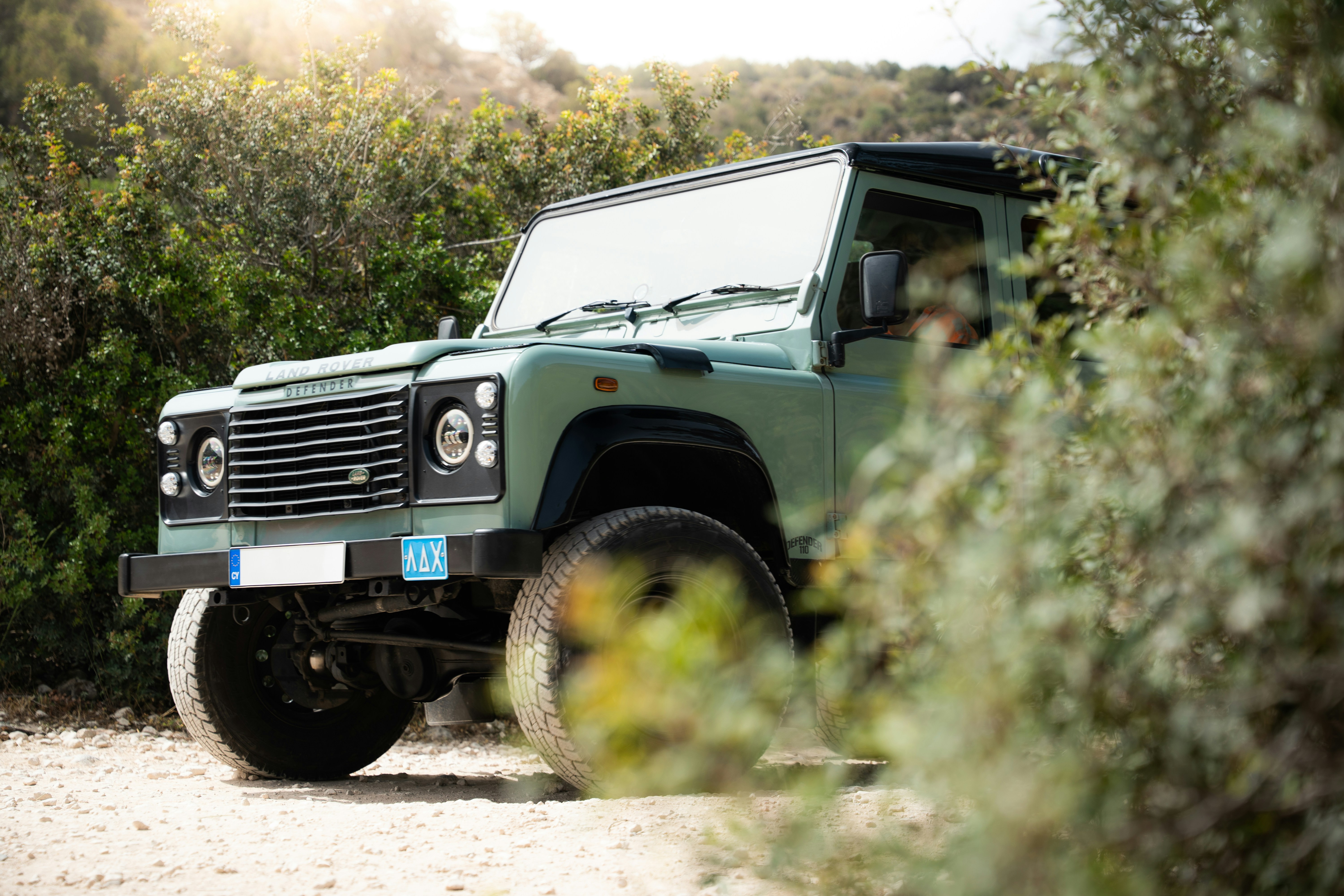 Green off-road vehicle parked among bushes