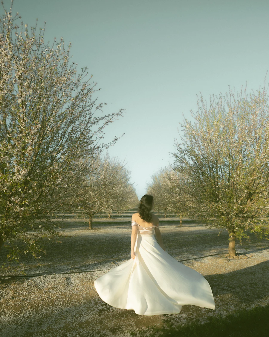 A bride in a flowing white dress stands among blooming orchard trees, facing away down a symmetrical row of branches. Soft daylight and scattered petals create a calm, romantic scene.