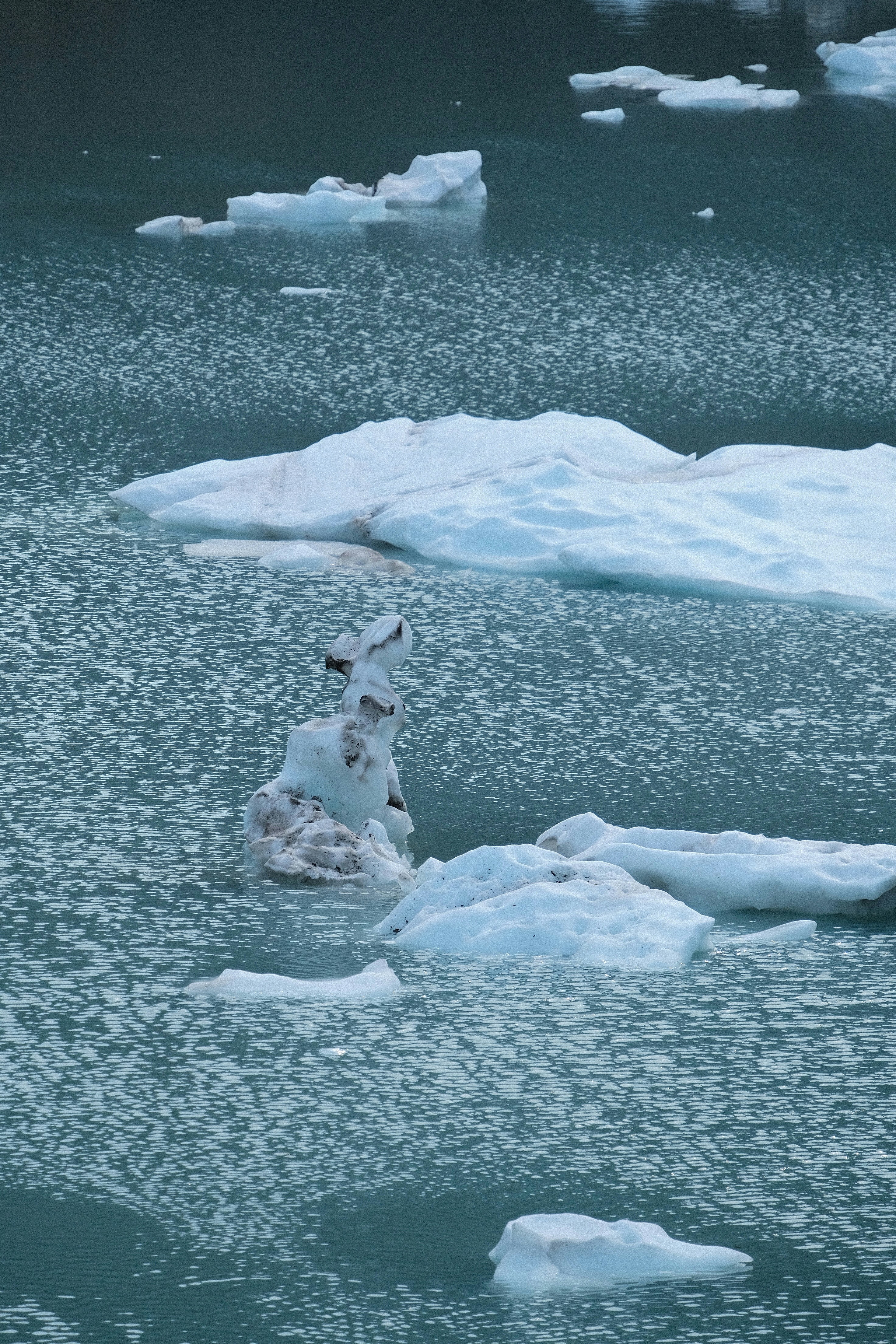 Isolated ice formations float serenely on a calm, reflective body of water, showcasing the beauty of winter's grip. The scene captures the delicate interplay of light on ice.
