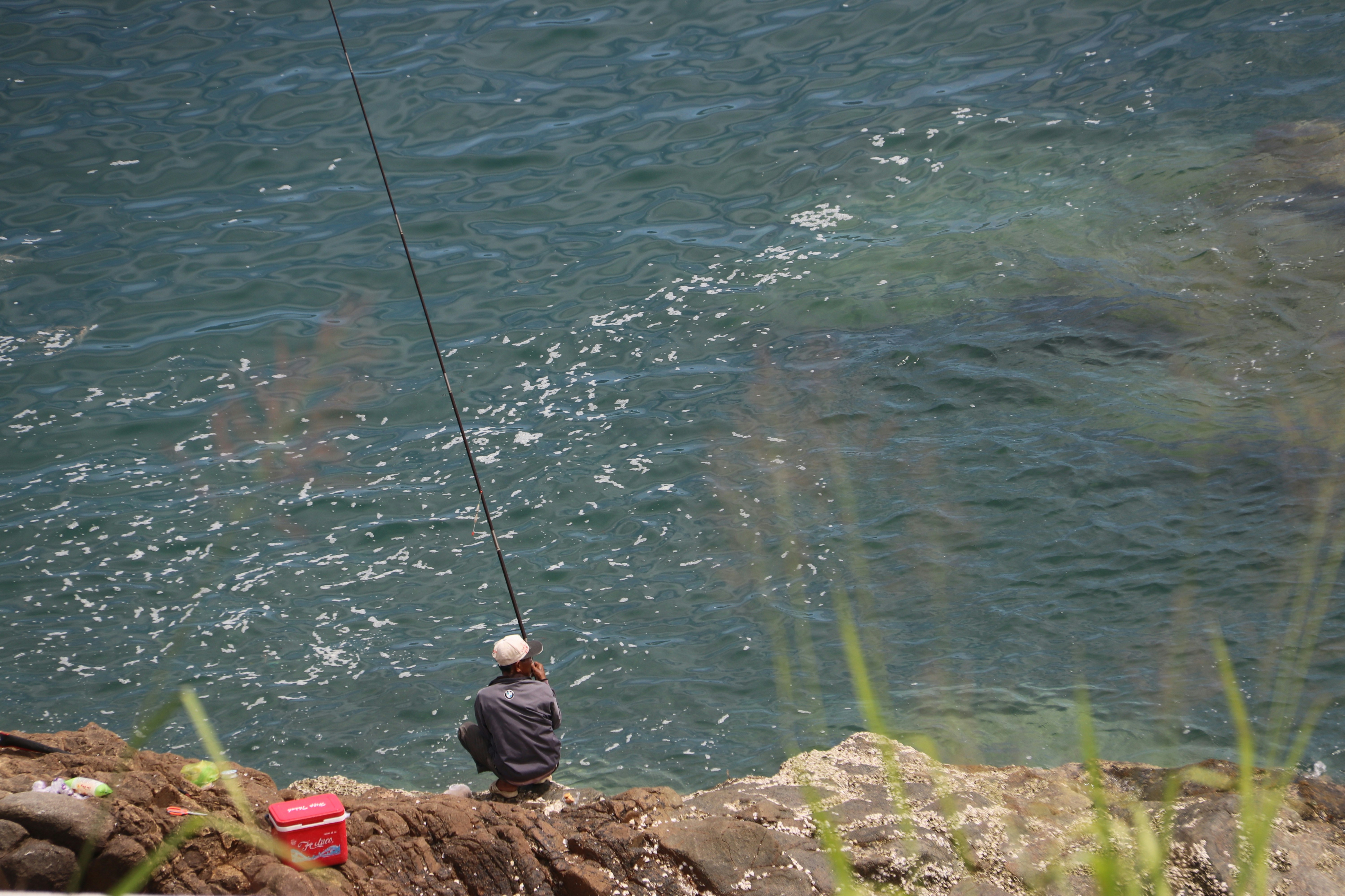 Person fishing from rocky coastline near water