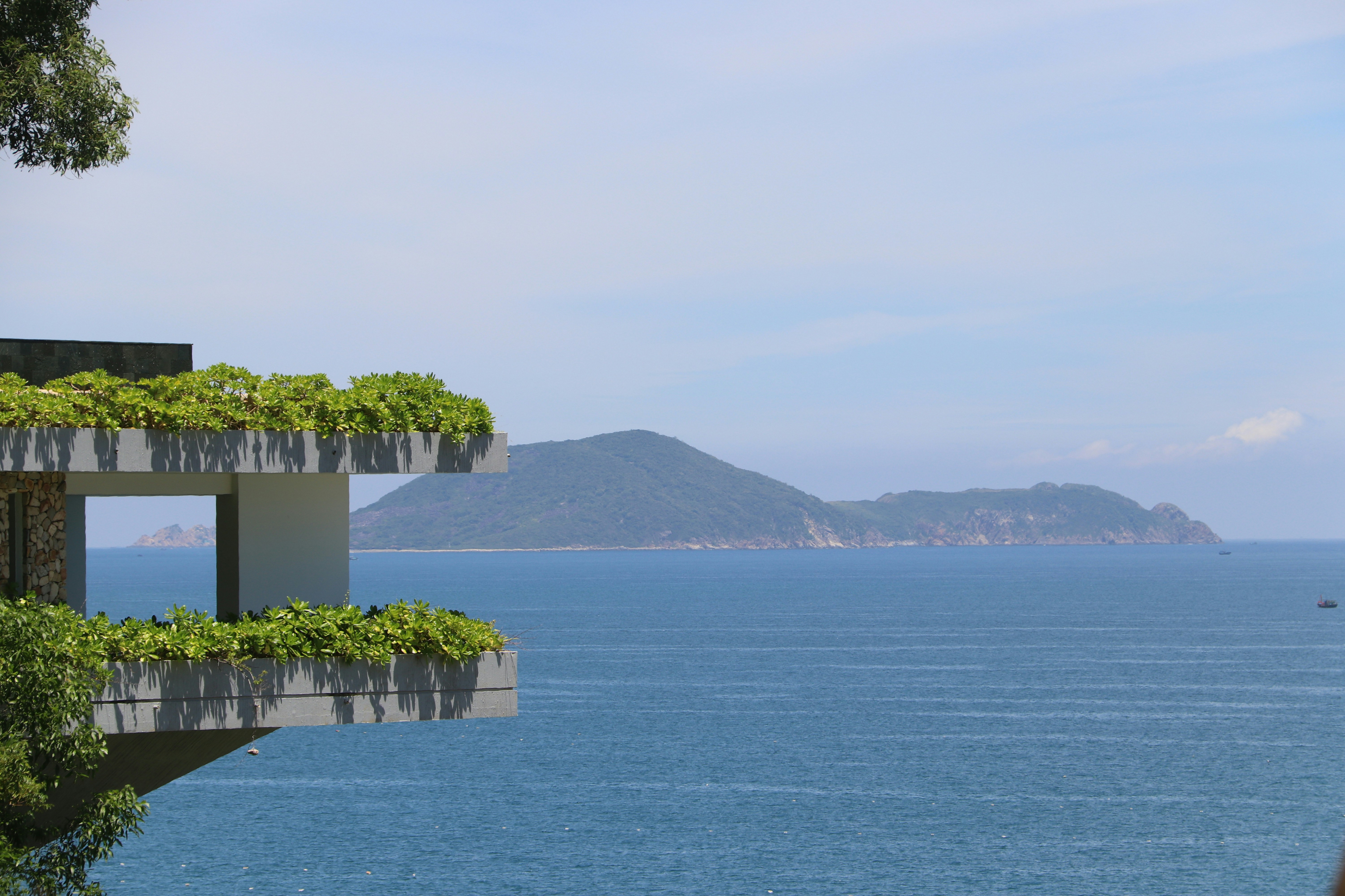 Modern building with greenery overlooking the ocean