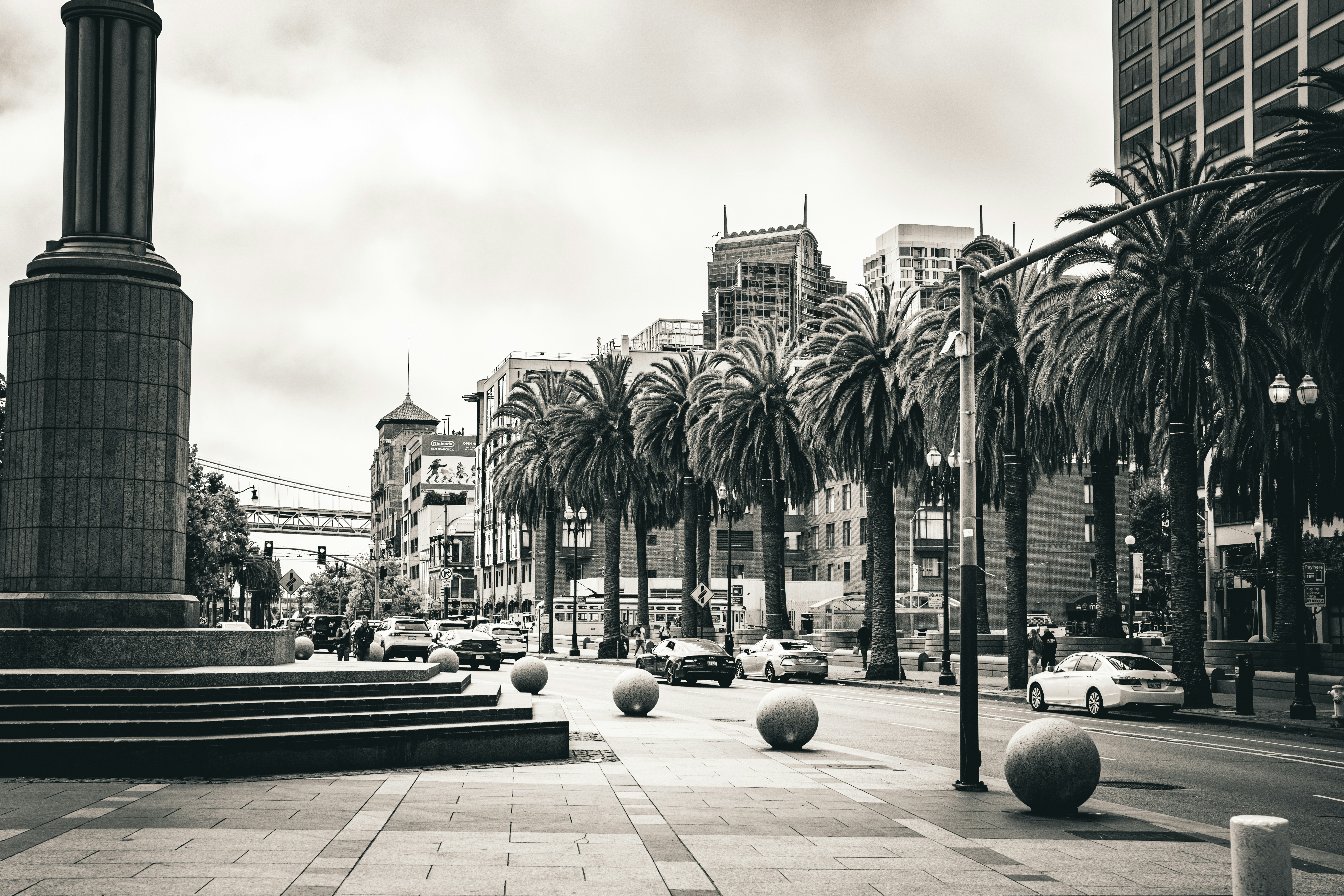 Palm trees line a bustling city street, framed by modern architecture and a hint of historical elements. The scene captures the essence of urban life with a blend of nature and cityscape.