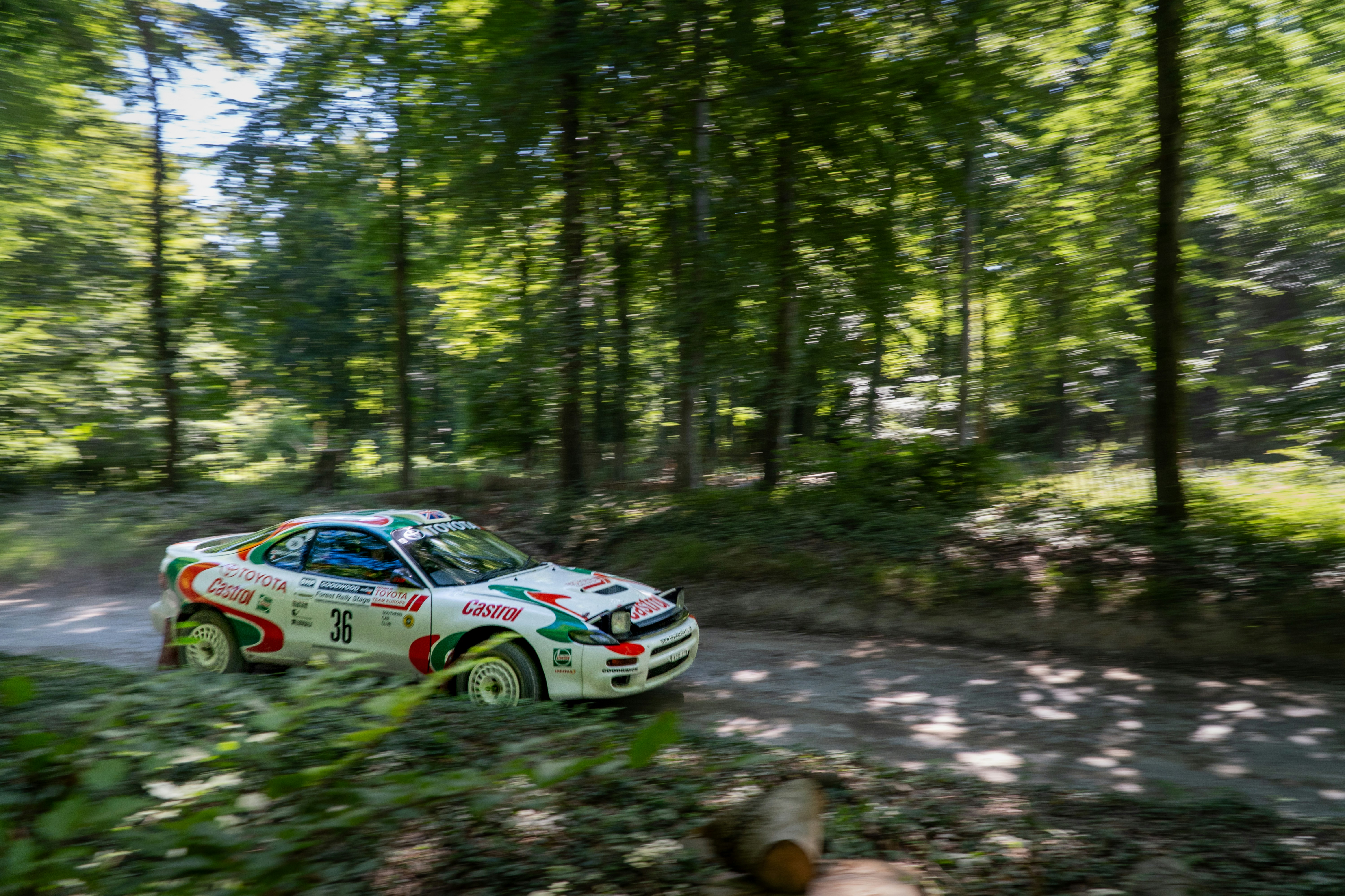Rally car speeds through a forest road