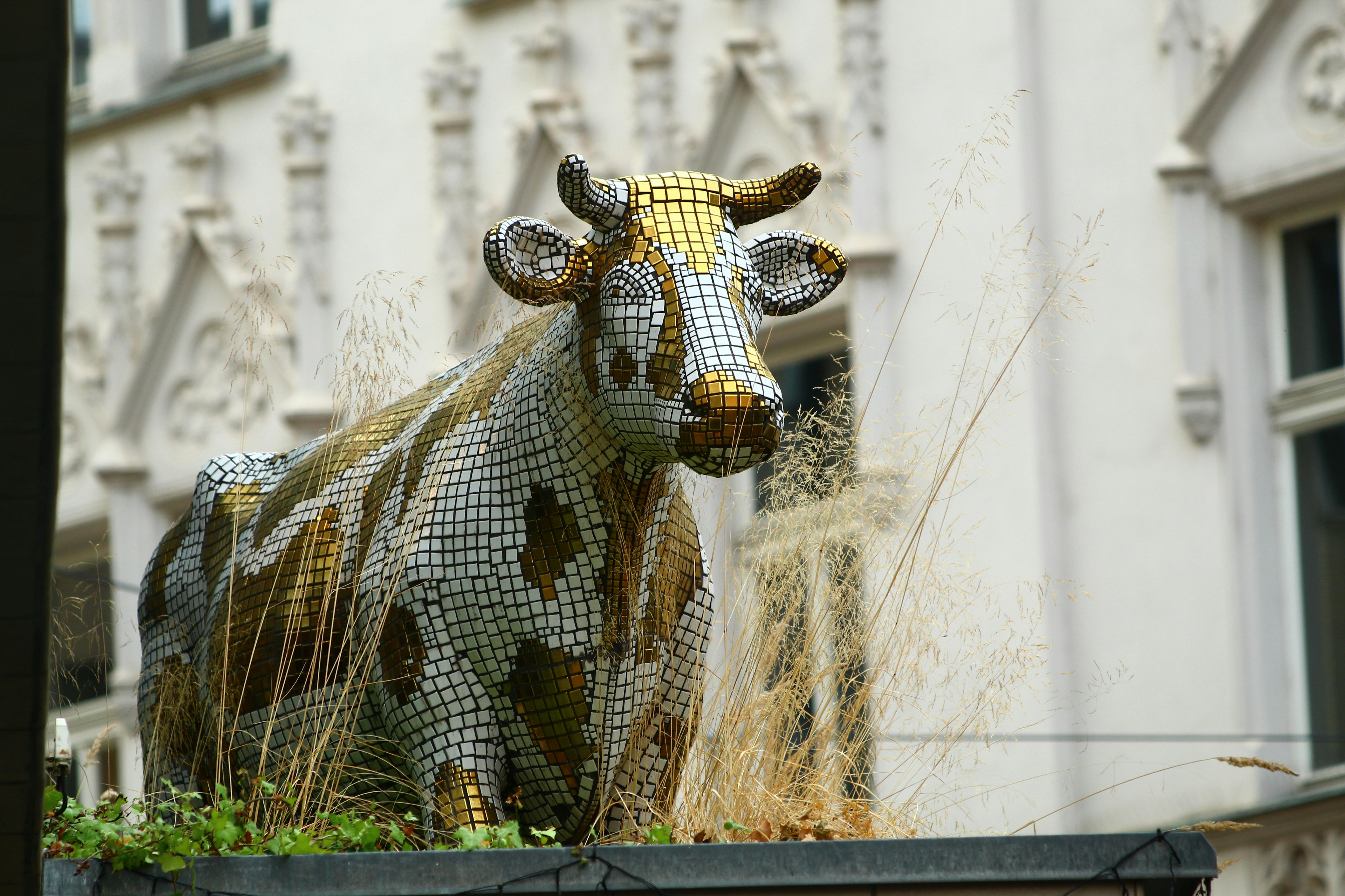 Mosaic cow sculpture with golden spots and horns photo – Free Woman ...