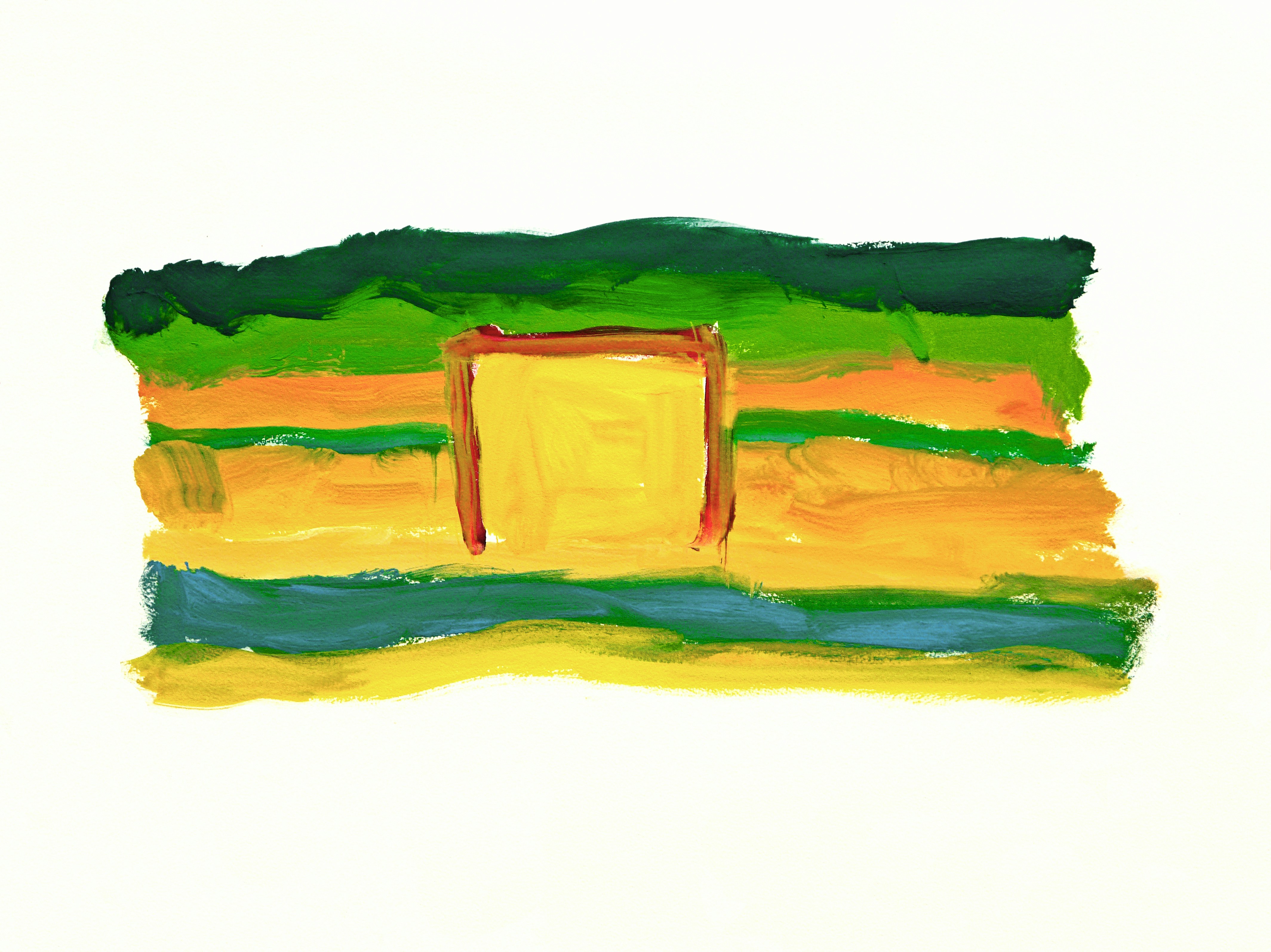 'Abstract Nature 1.' - free image of art - abstract watercolor on paper, which I painted in 2002. I was searching for abstract horizontal images, painted after my pencil sketches in nature: the Dutch flat countryland. Free download photo of abstract art in high resolutions for making an art print or wallpaper - artist Fons Heijnbroek, Dutch painter artist. | Abstract painting with horizontal colorful stripes and yellow square