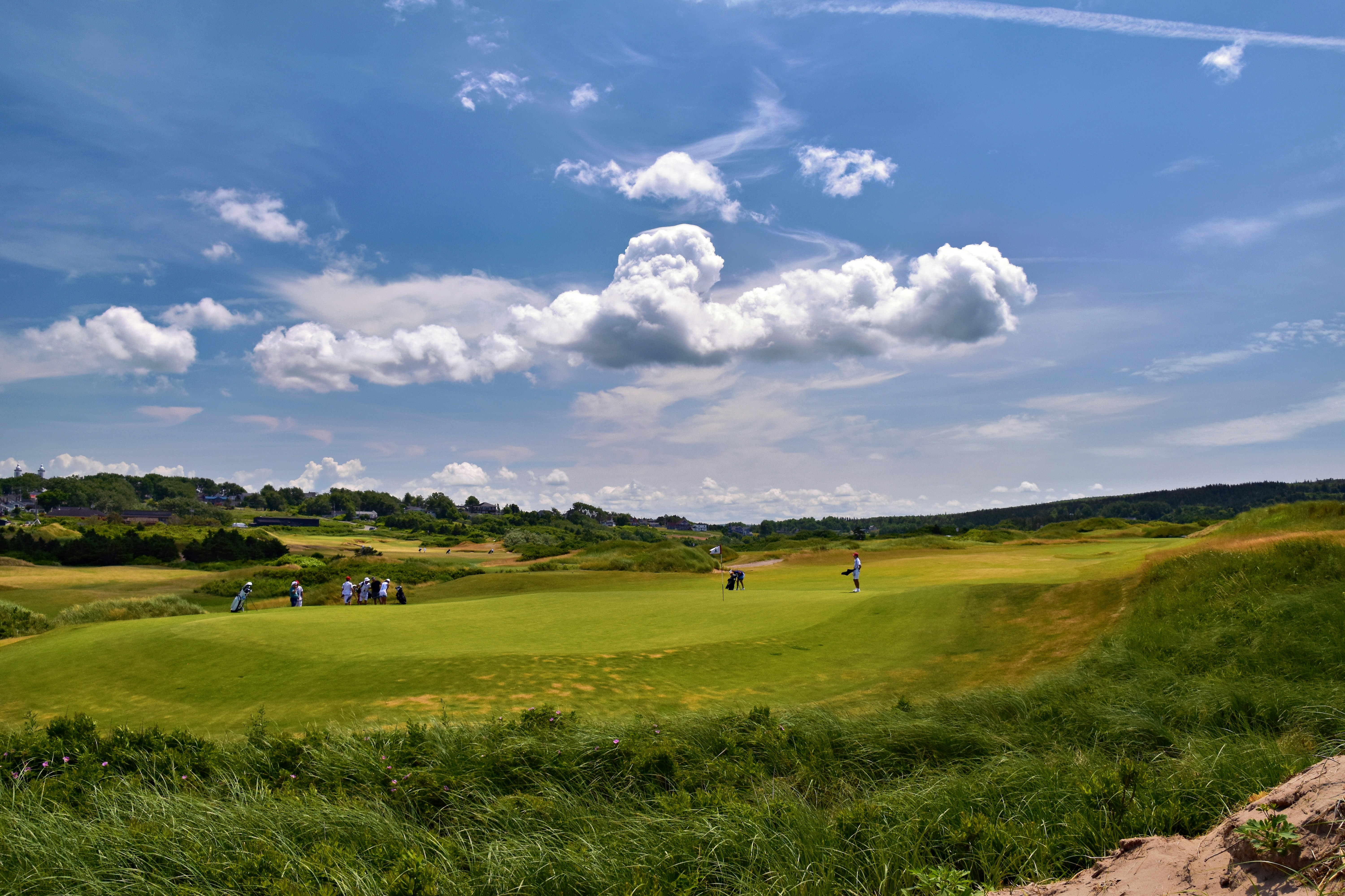 Golfers on a green course under a cloudy blue sky