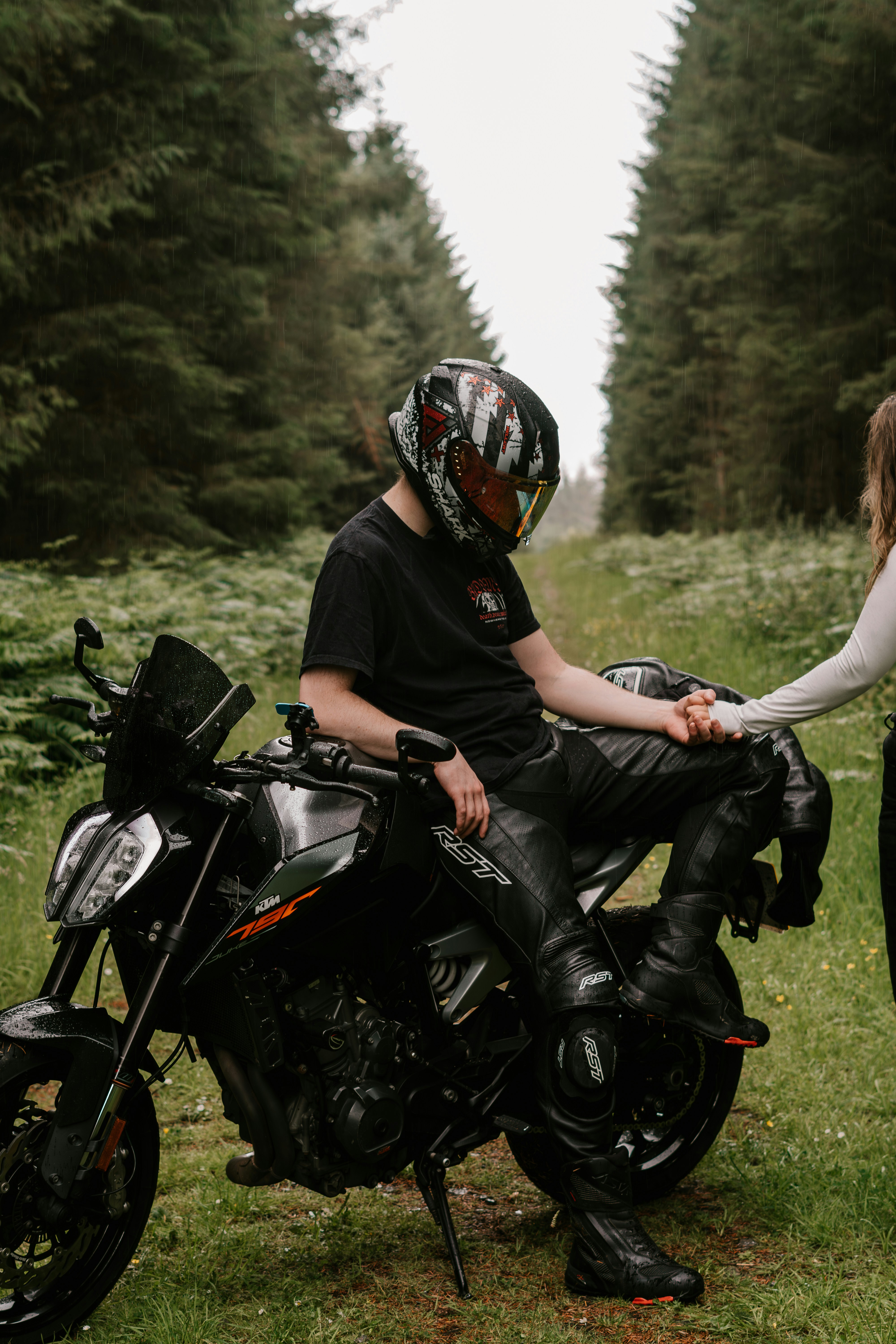 Forest Pause: A Handshake Break on a Rain-Kissed Trail