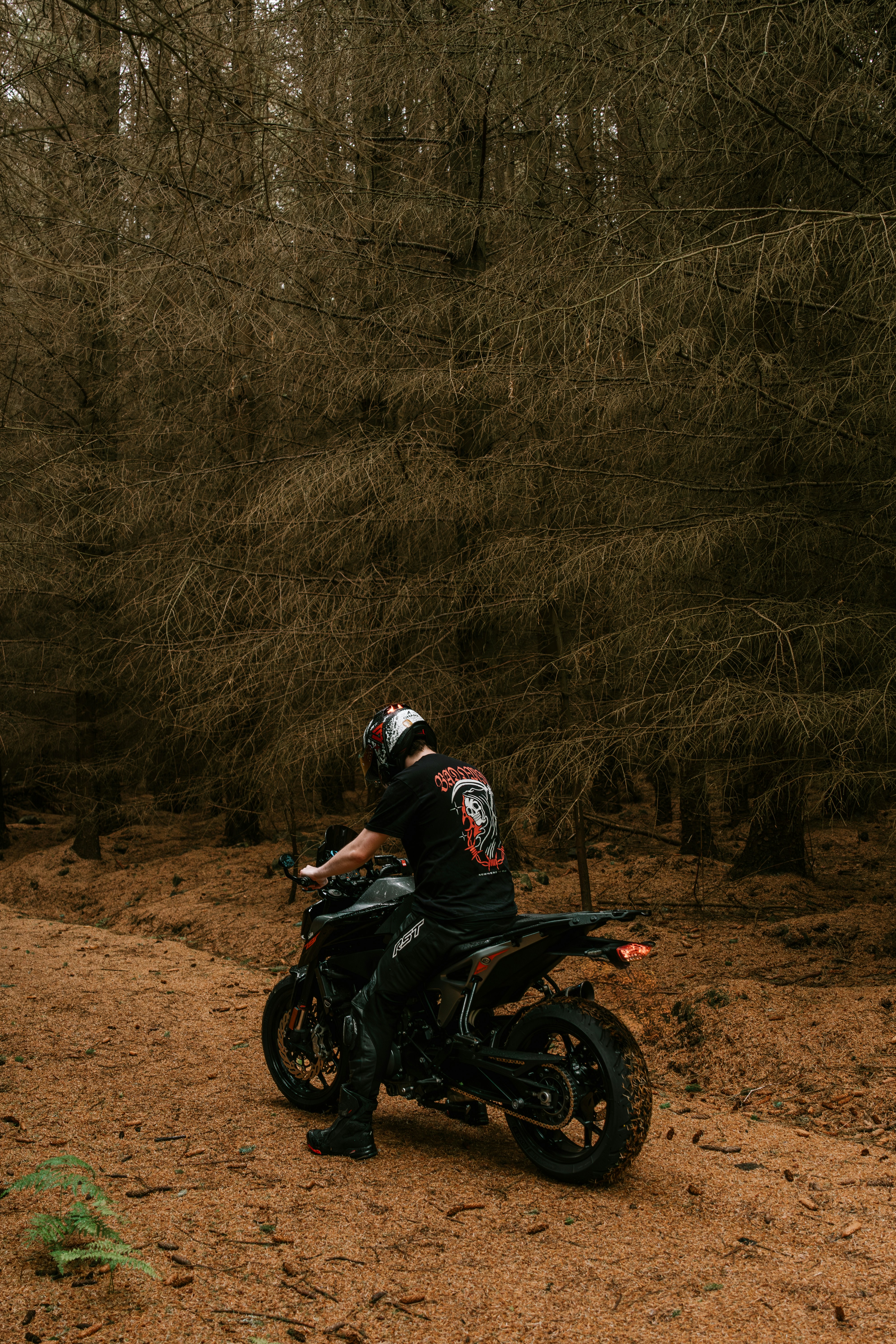 Motorcyclist in a dark forest on a dirt path