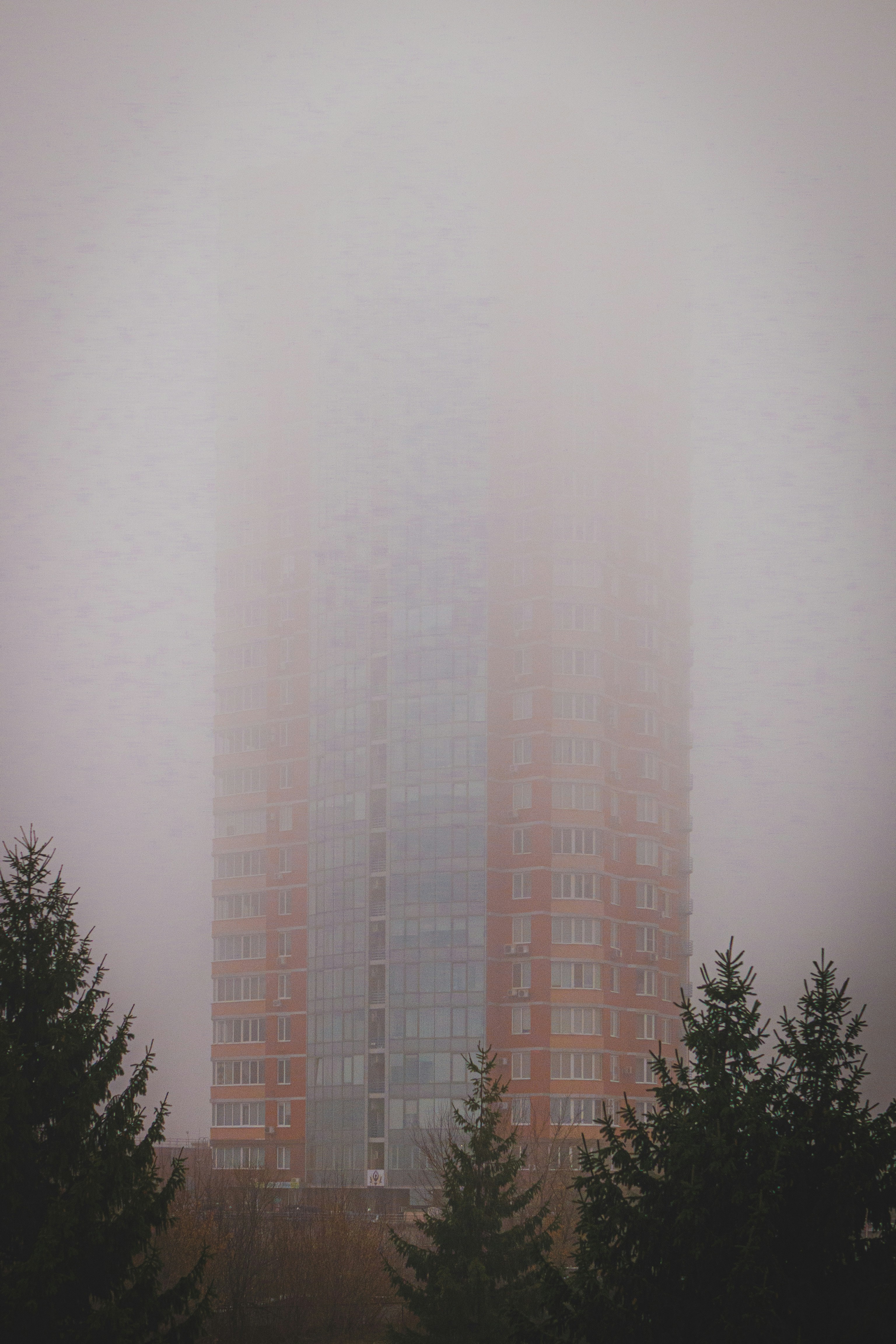 A high-rise building enveloped in dense fog, barely visible against the pale sky. The atmosphere is soft, moody, and quiet — a fleeting moment of urban stillness captured through haze and contrast. | Skyscraper emerges from thick fog surrounded by trees