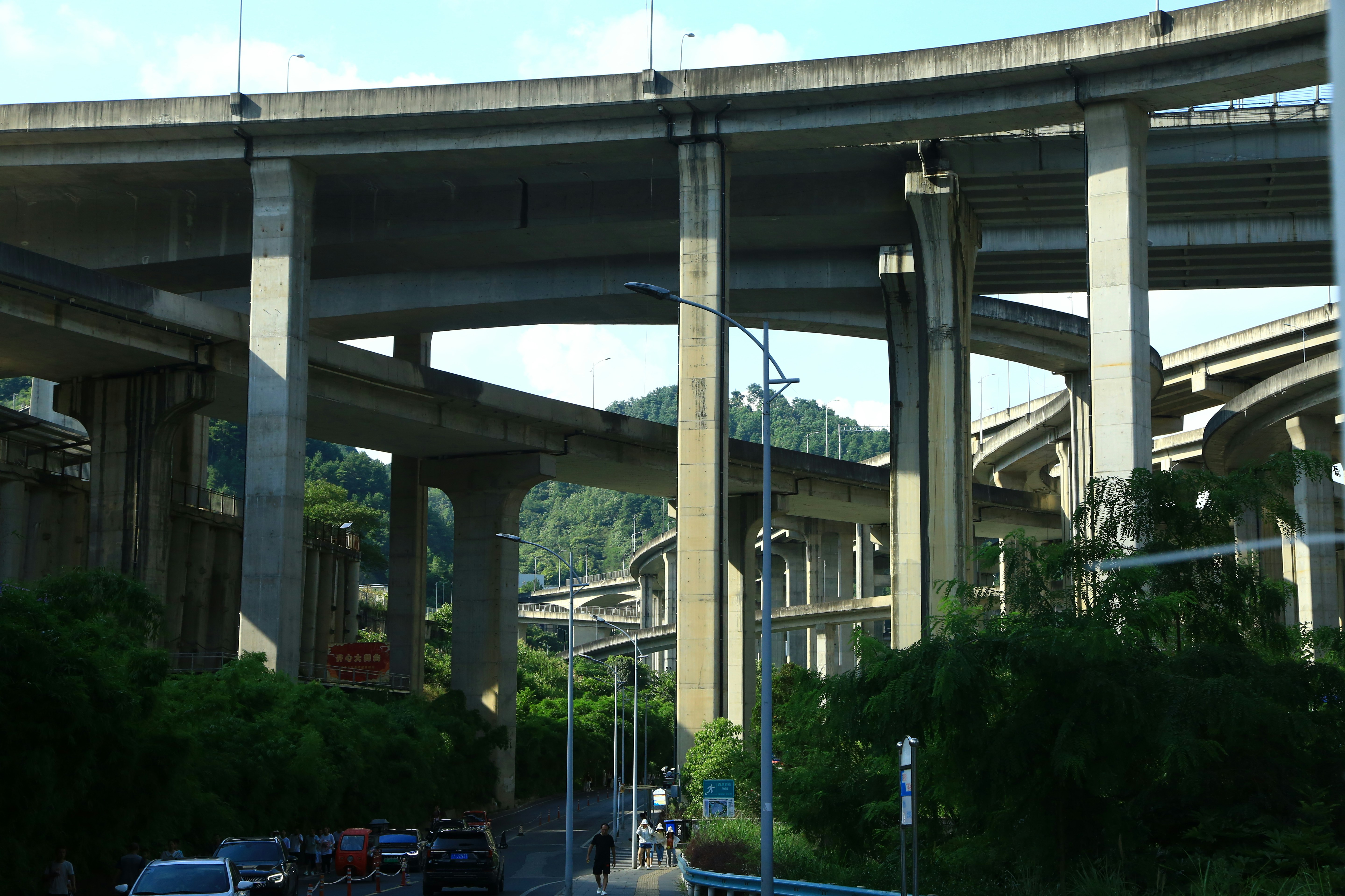Complex highway interchange with concrete overpasses and supports