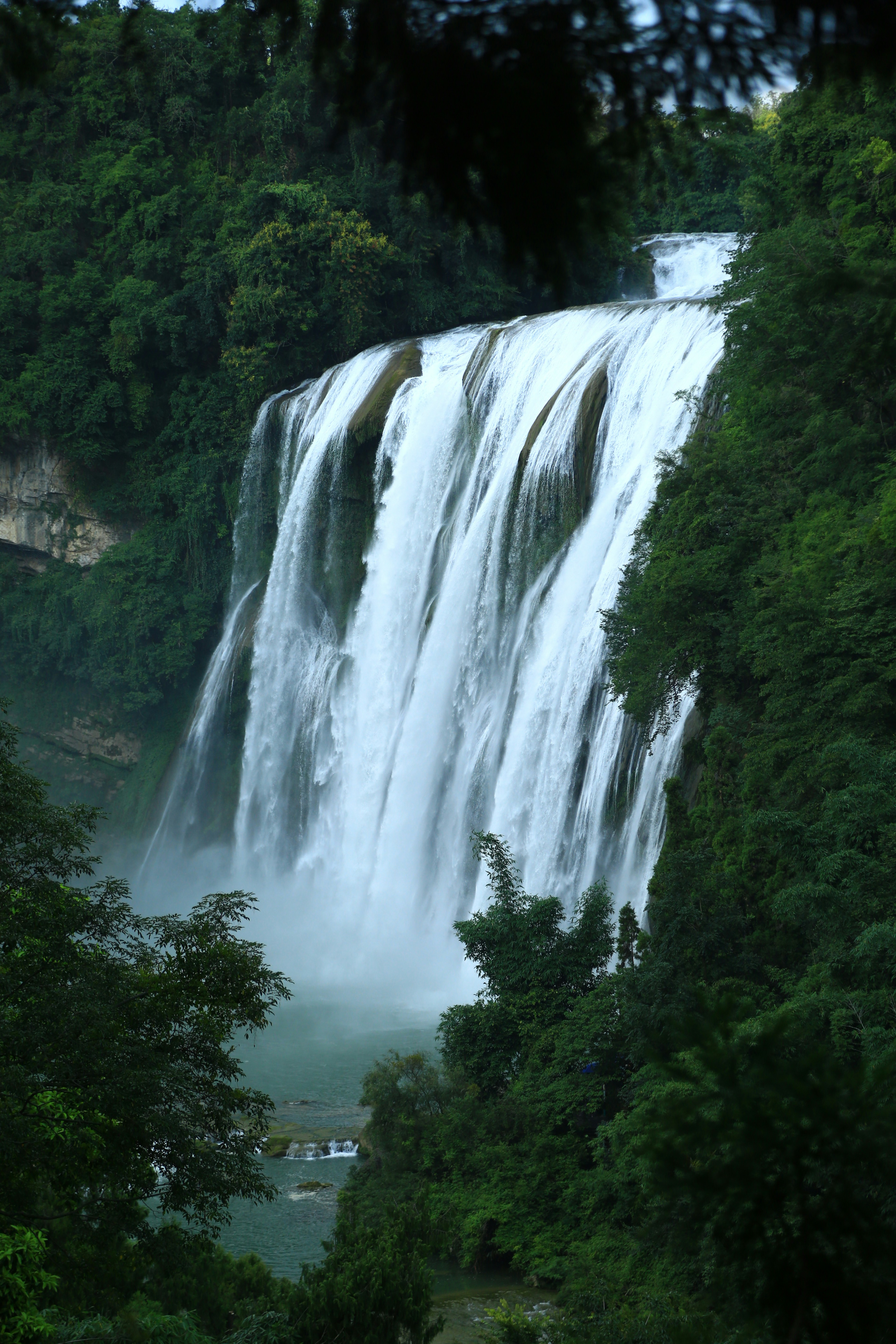 Majestic waterfall cascading through lush green forest