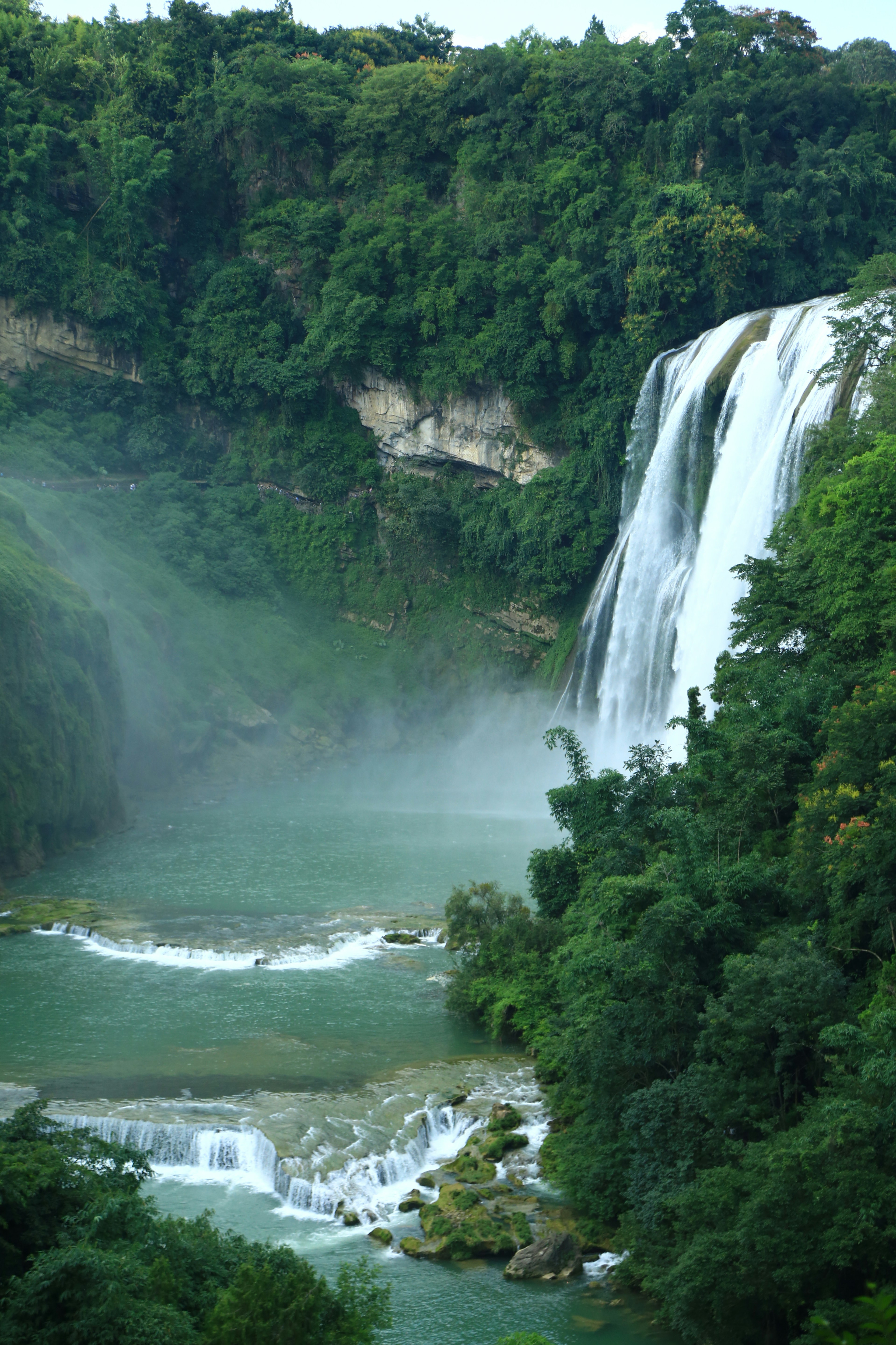 Majestic waterfall cascading through lush green forest