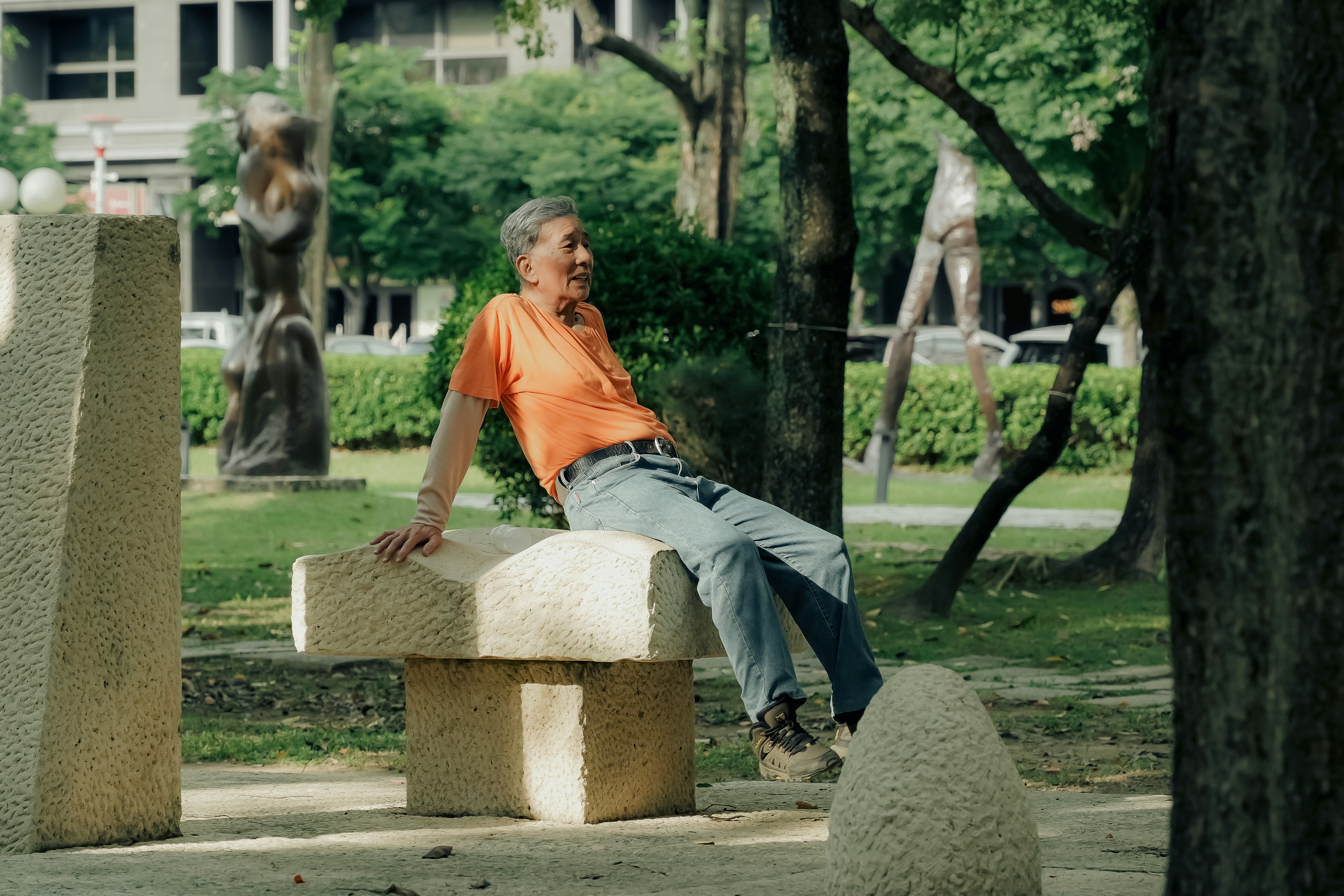 Orange in the Shade: A Park Bench Respite