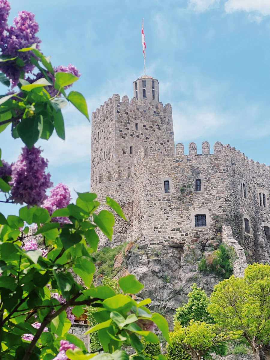 Medieval stone keep with a flag-topped tower, foreground lilac blossoms framing the structure.
