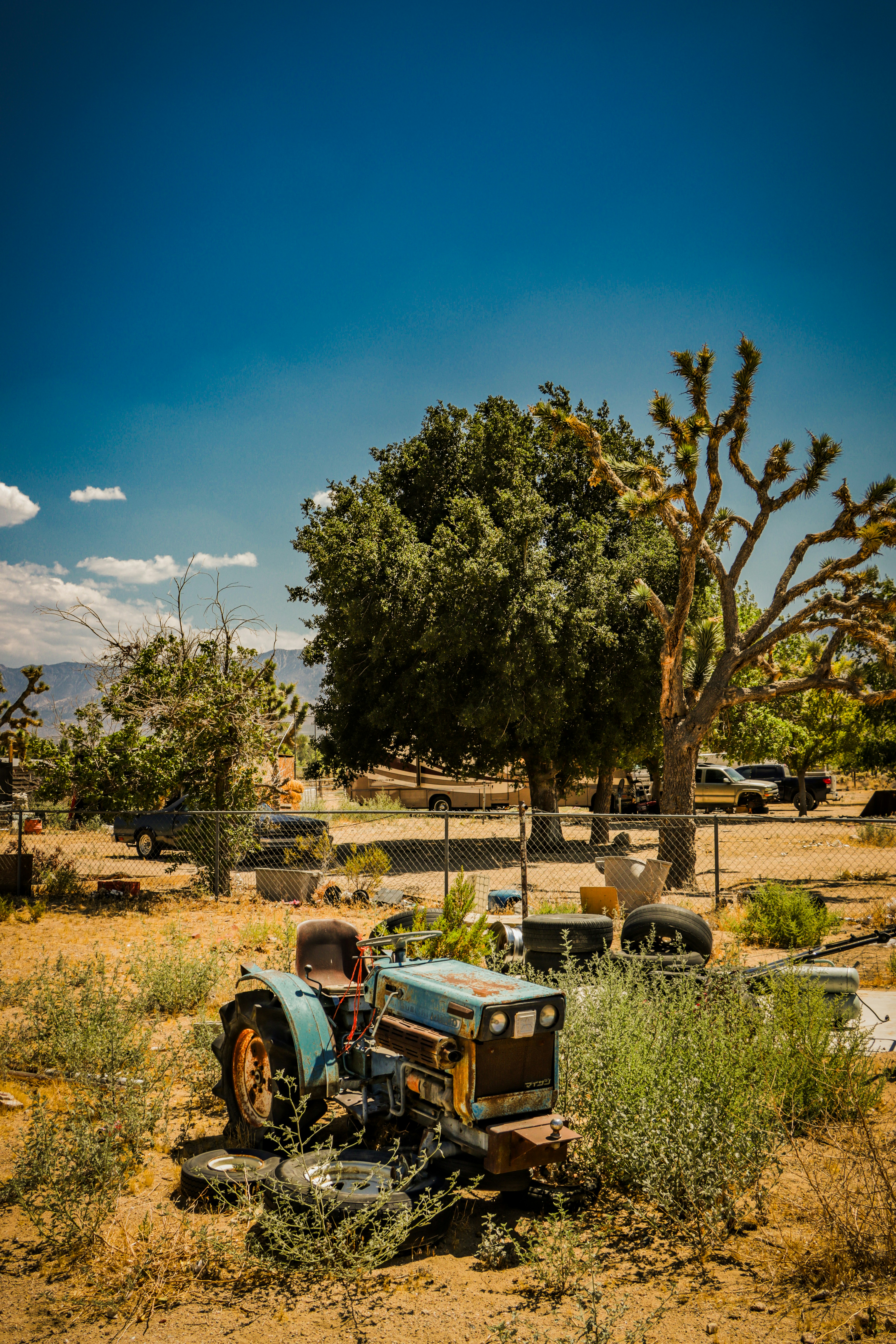 Weathered Blue Tractor Anchored in a Desert Sunlit Yard